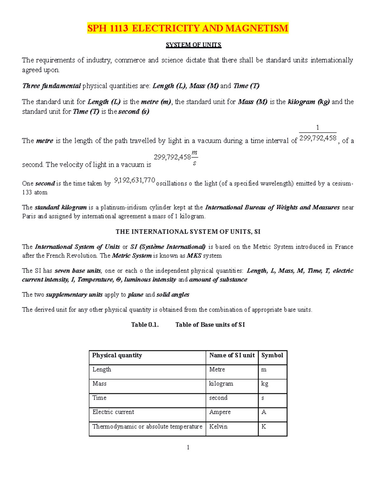 SPH 1113 Electricity ....whole one - SPH 1113 ELECTRICITY AND MAGNETISM ...