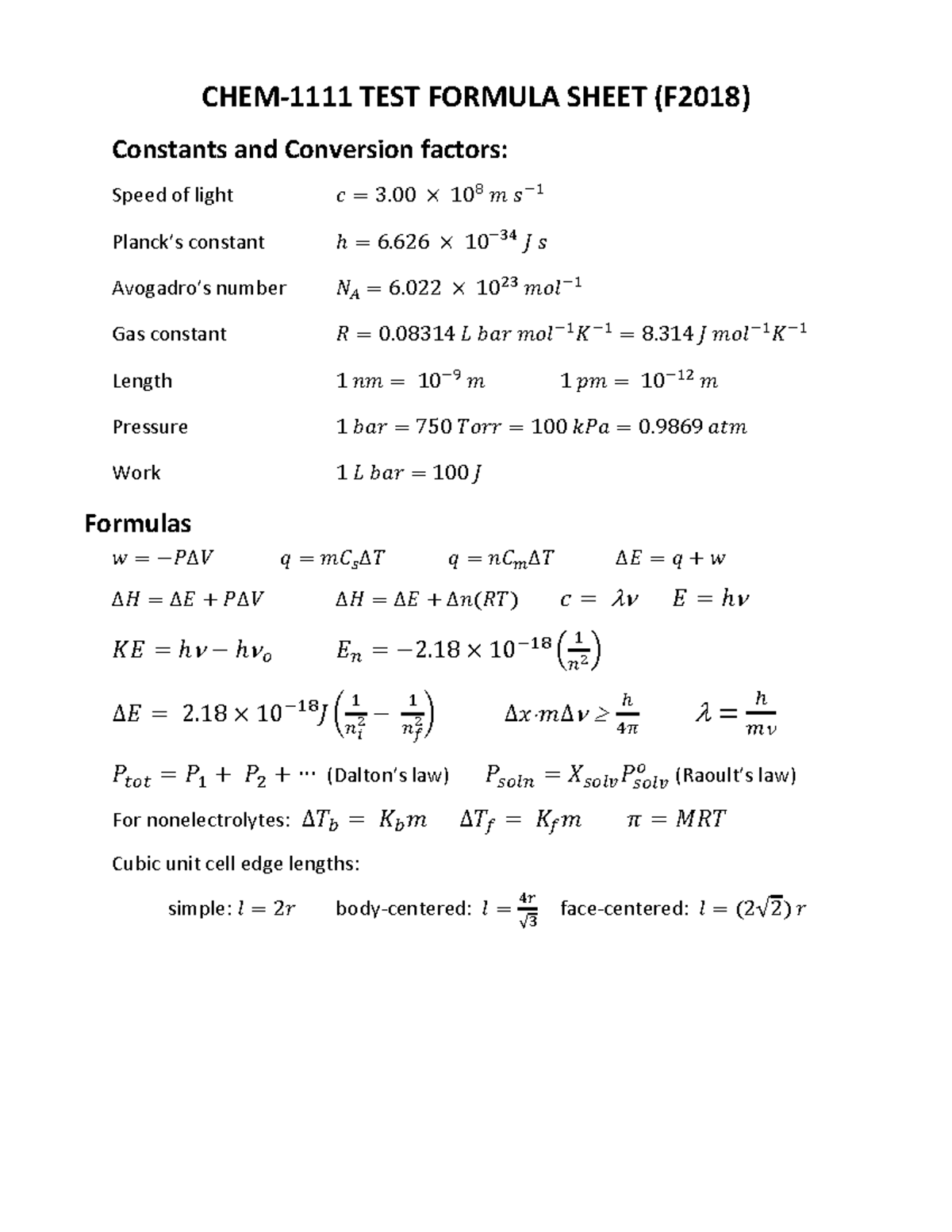 Test Formula Sheet F2018 CHEM 1111 TEST FORMULA SHEET F2018 test-formula-sheet-f2018-chem-1111-test-formula-sheet-f2018