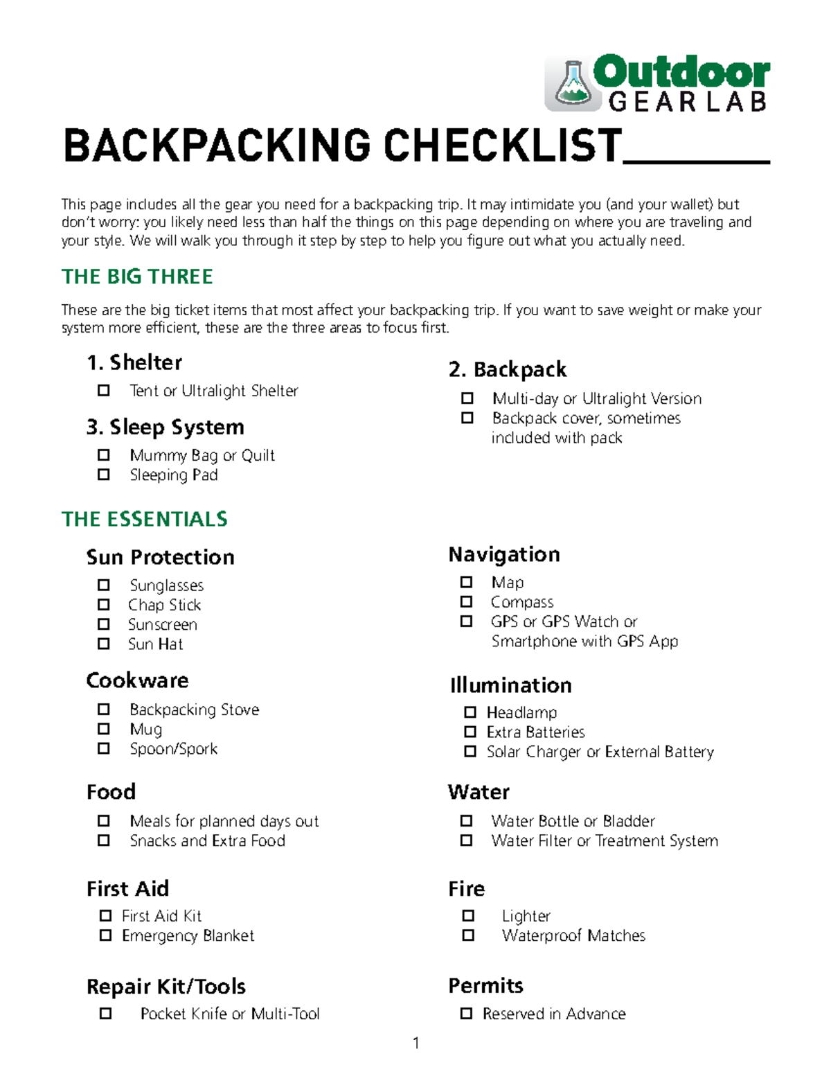 Printable Backpacking Checklist BACKPACKING CHECKLIST This Page