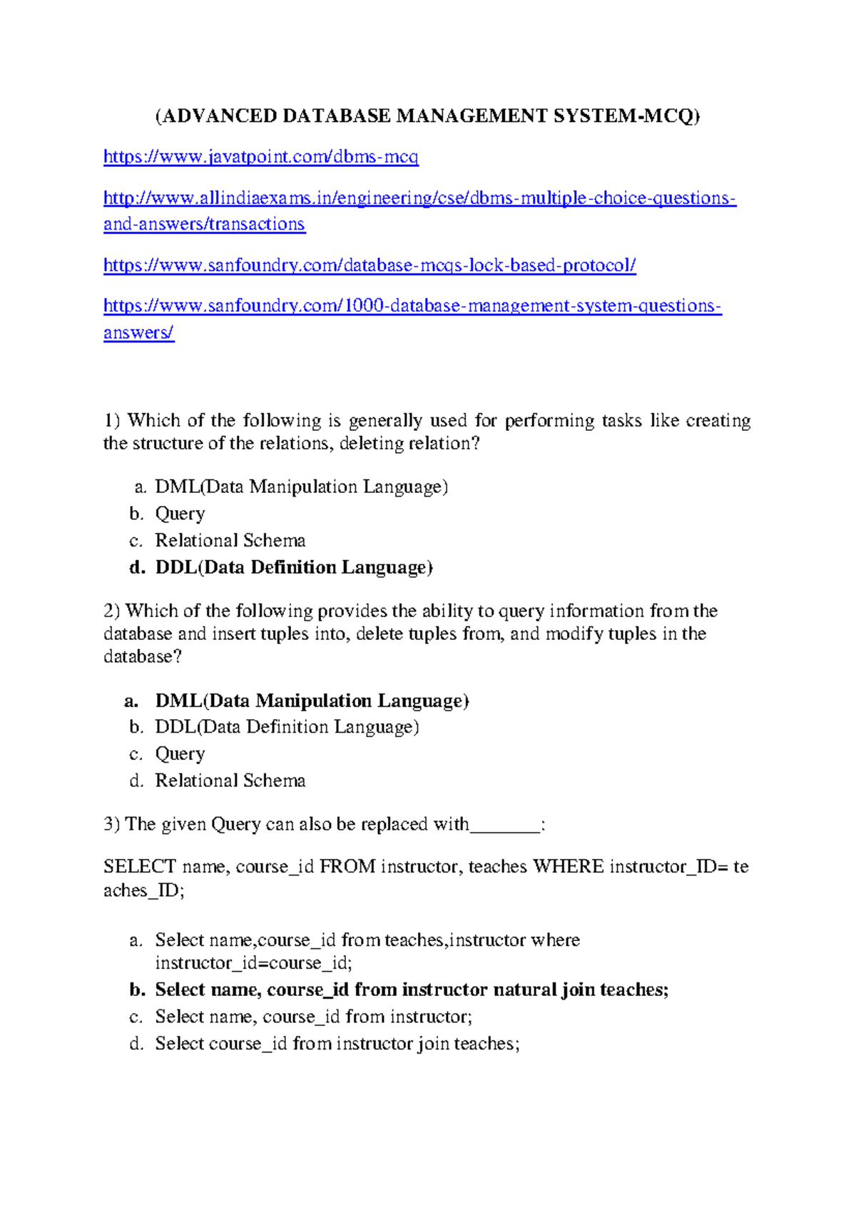 DBMS - DBMS - (ADVANCED DATABASE MANAGEMENT SYSTEM-MCQ) javatpoint/dbms-mcq - Studocu