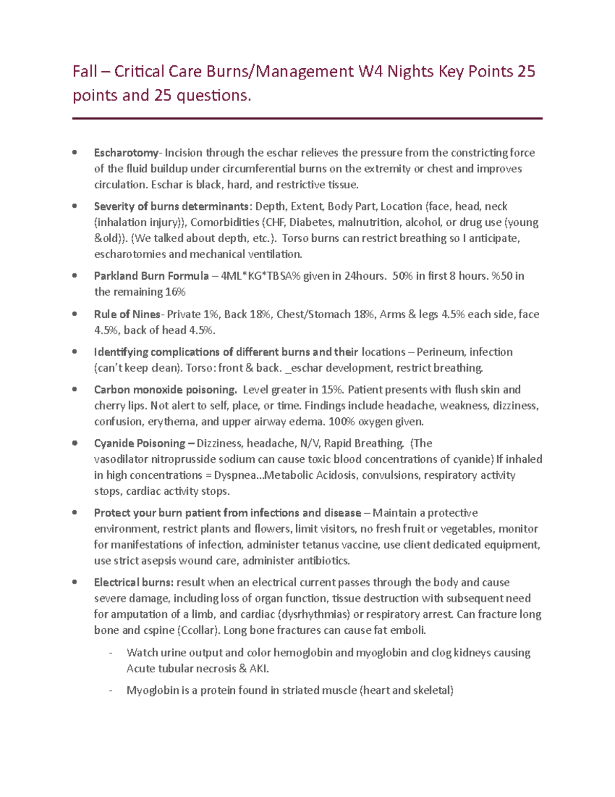 Fall CC W4 Burns Key Points - Fall – Critical Care Burns/Management W4 ...