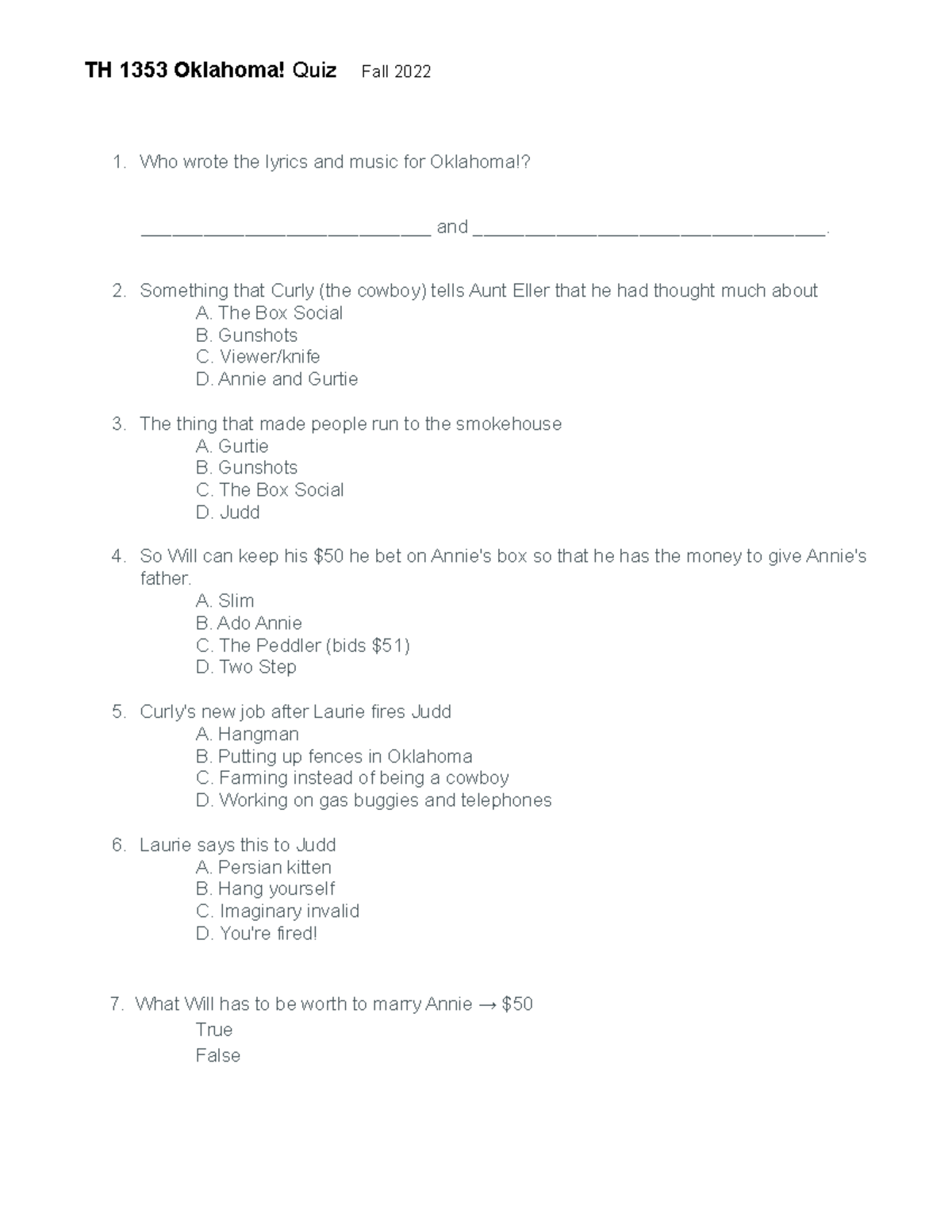 TH1353Oklahomaquiz - Introduction to Theatre Oklahoma musical practice exam - TH 1353 Oklahoma ...