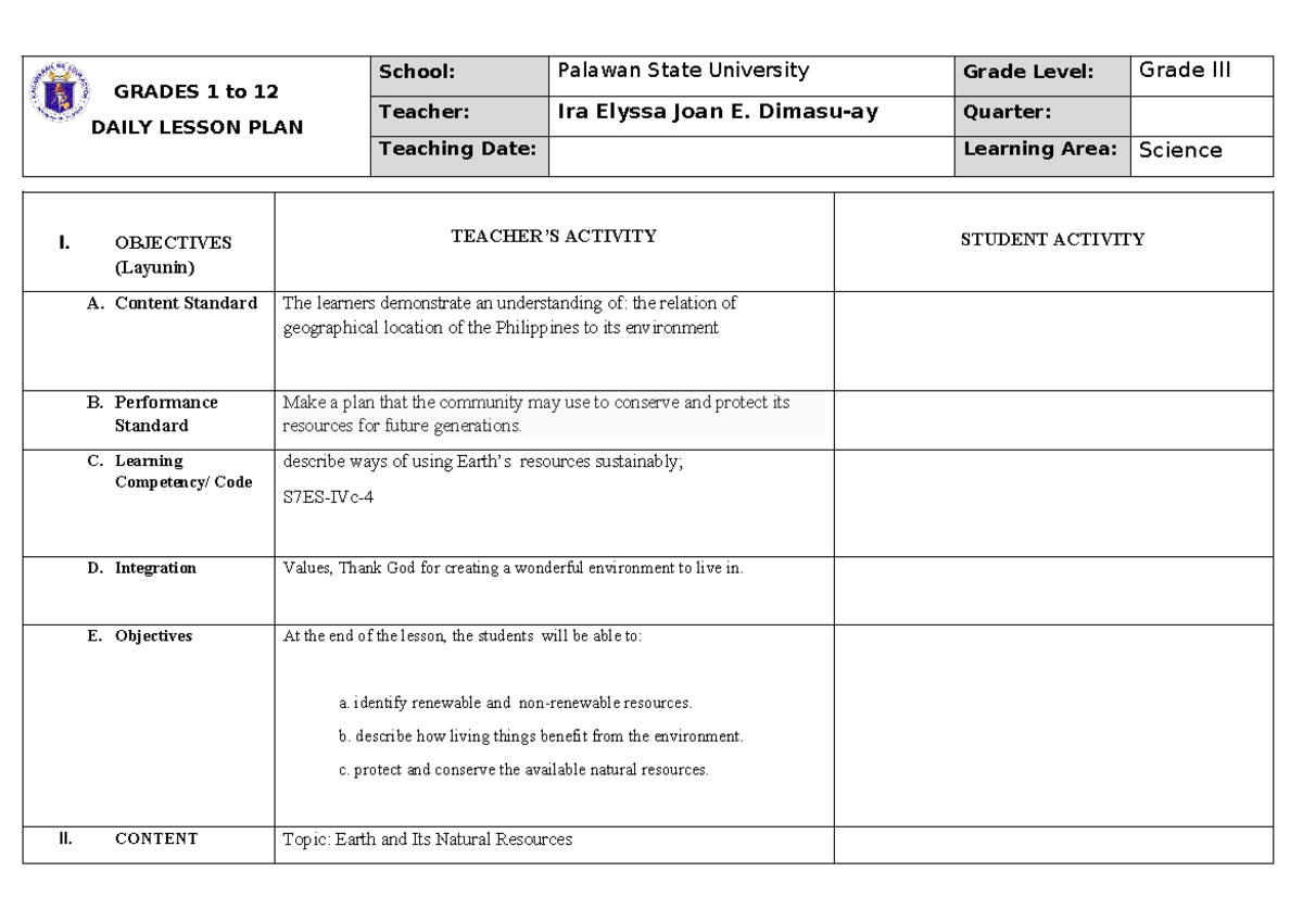 Science Lesson Plan - GRADES 1 to 12 DAILY LESSON PLAN School: Palawan ...