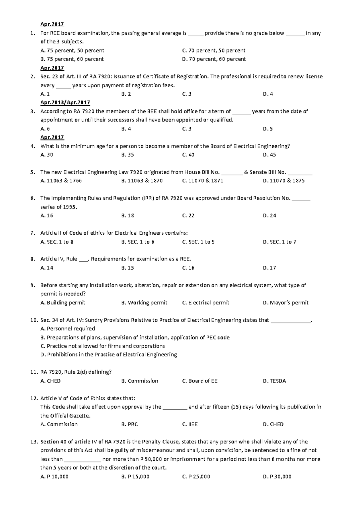 ESAS Preboard Objectives - Apr. For REE board examination, the passing ...