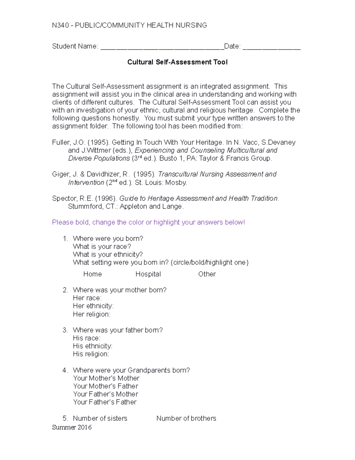 Cultural Assessment Tool-1 - N340 - PUBLIC/COMMUNITY HEALTH NURSING ...