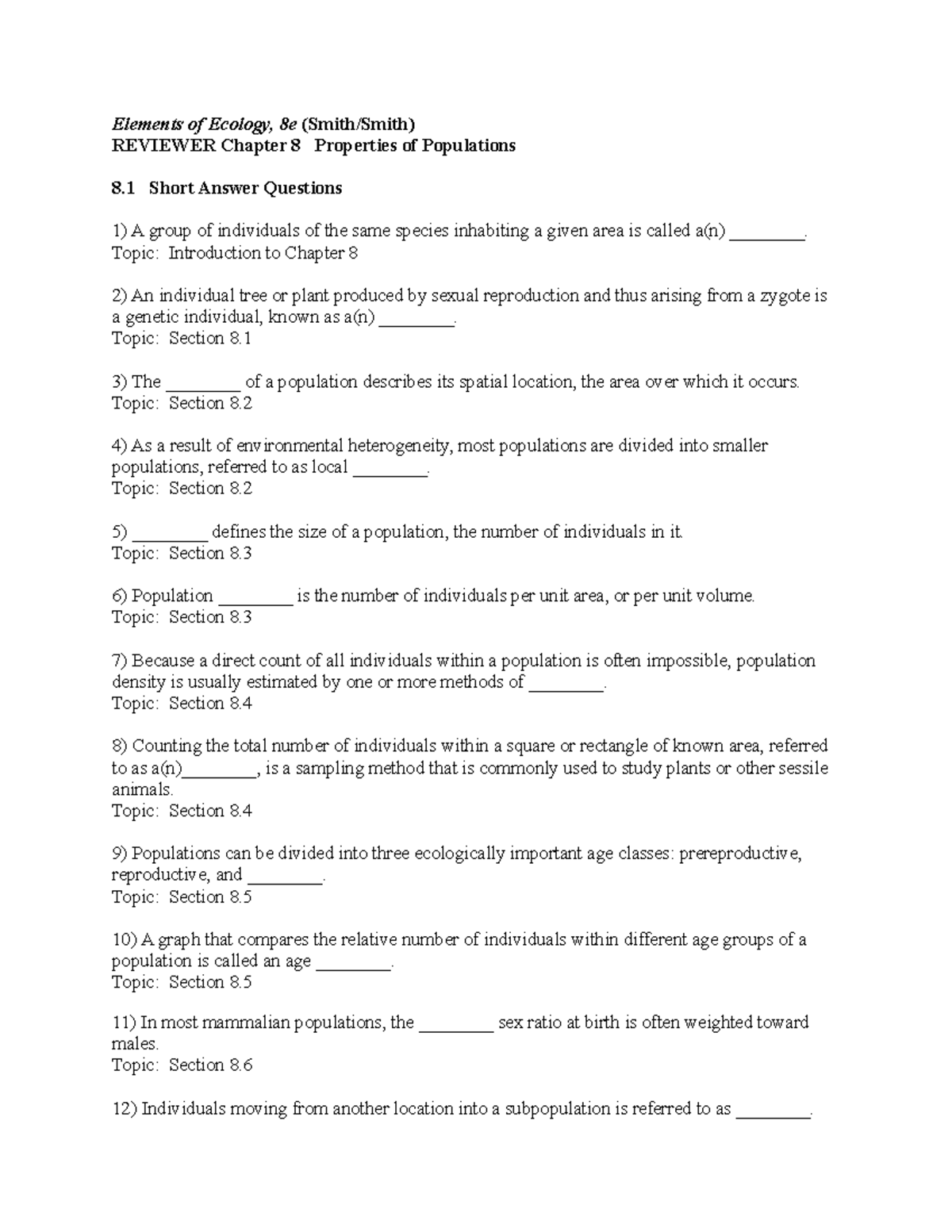 Elements of Ecology Practice Questions Chapter 8 - Elements of Ecology ...