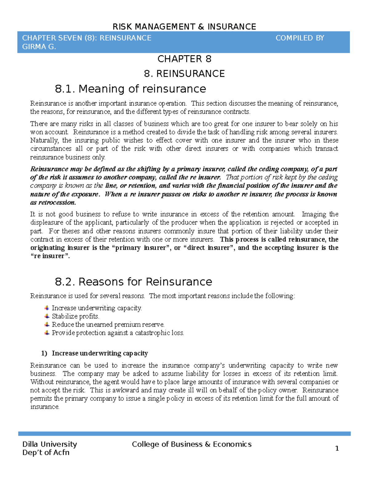 RMI CH8 - Risk Management & Insurance - CHAPTER SEVEN (8): REINSURANCE ...