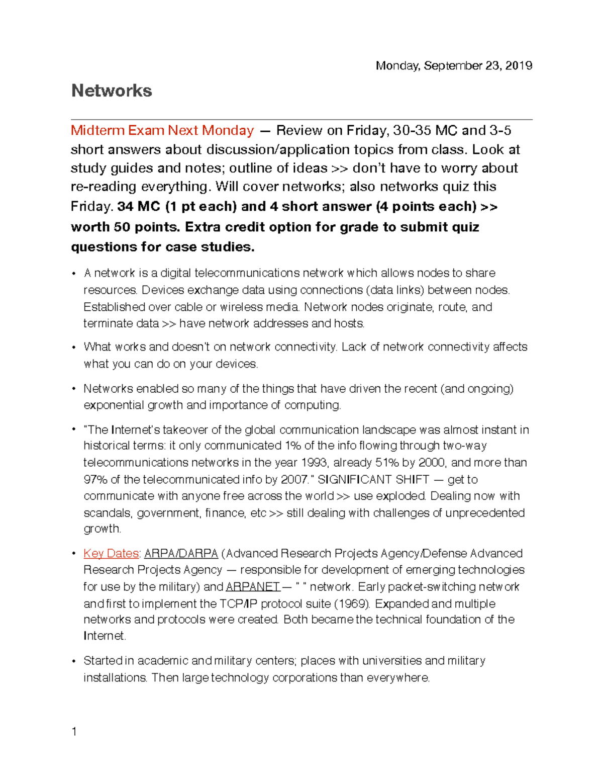 Networks Reading and Discussion - Networks Midterm Exam Next Monday ...