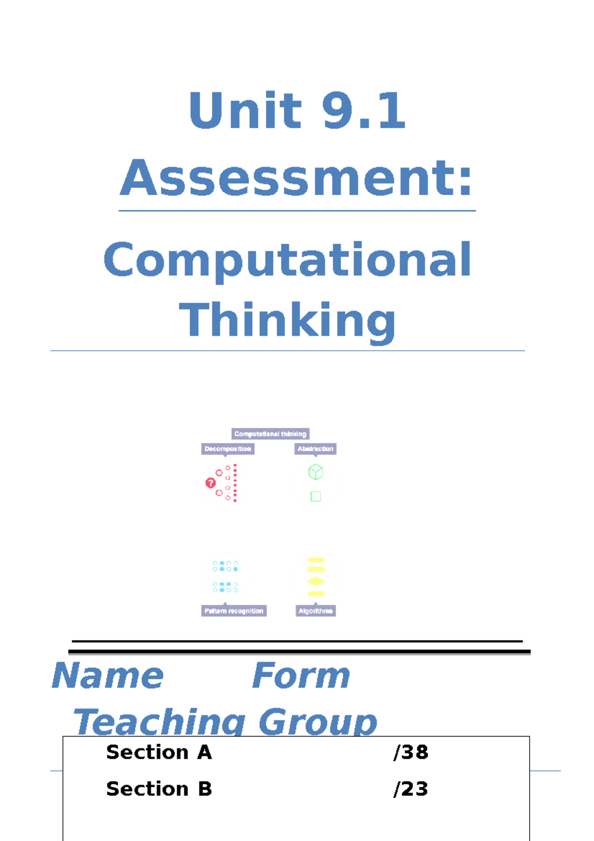 9.1 Assessment markscheme - Unit 9. Assessment: Computational Thinking ...