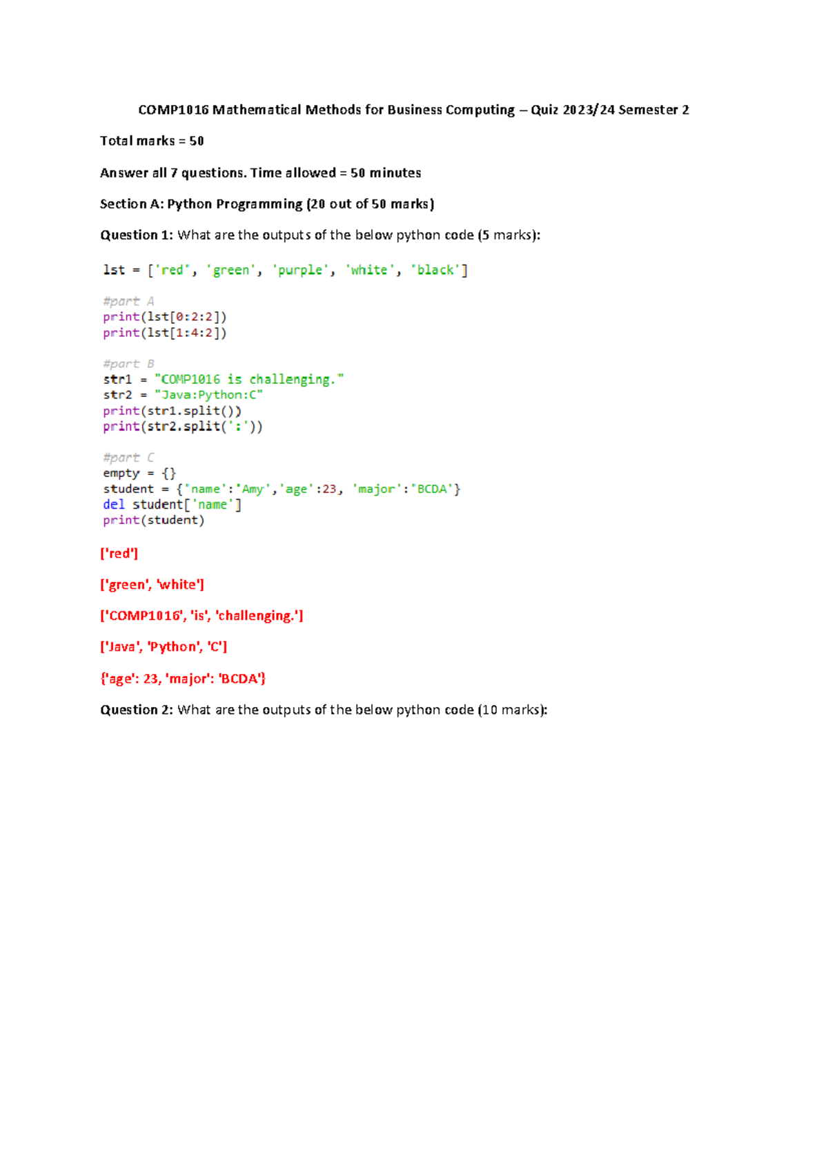 2024 Mid Term Quiz 2 Solution-1 - COMP1016 Mathematical Methods for Business Computing – Quiz ...