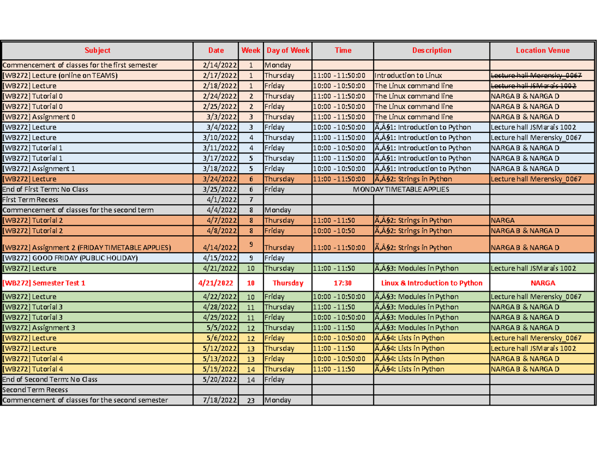 2022 WB272 Course Schedule updated - Subject Date Week Day of Week Time ...