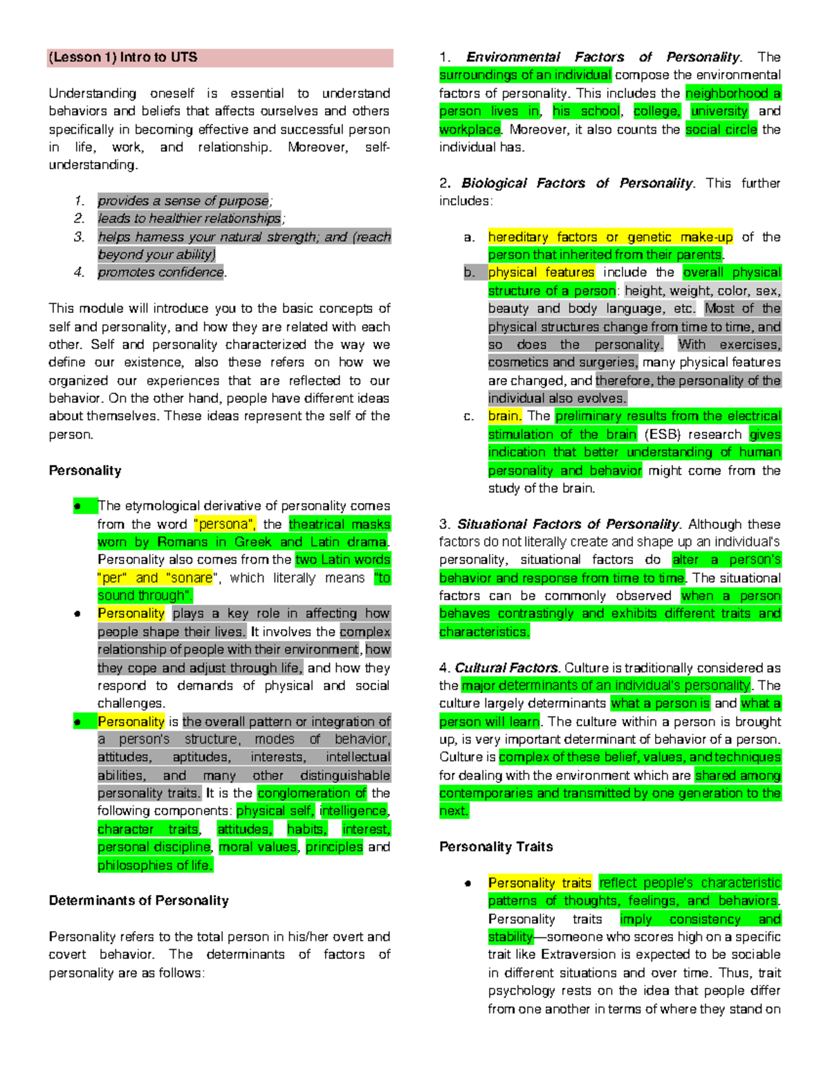 UTS Midterms - Reviewer - (Lesson 1) Intro to UTS Understanding oneself is essential to ...