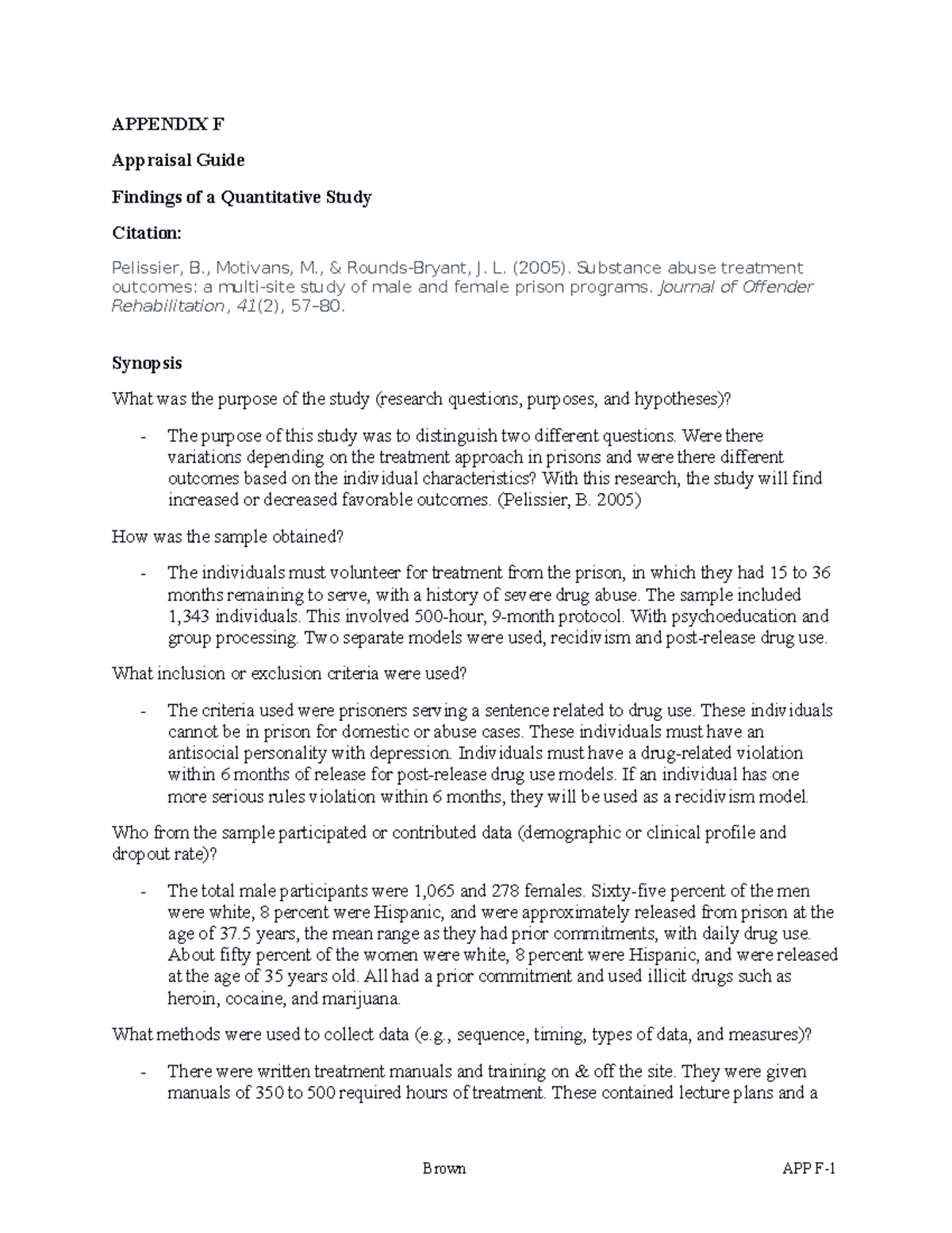 Quantitative Appraisal - APPENDIX F Appraisal Guide Findings of a ...