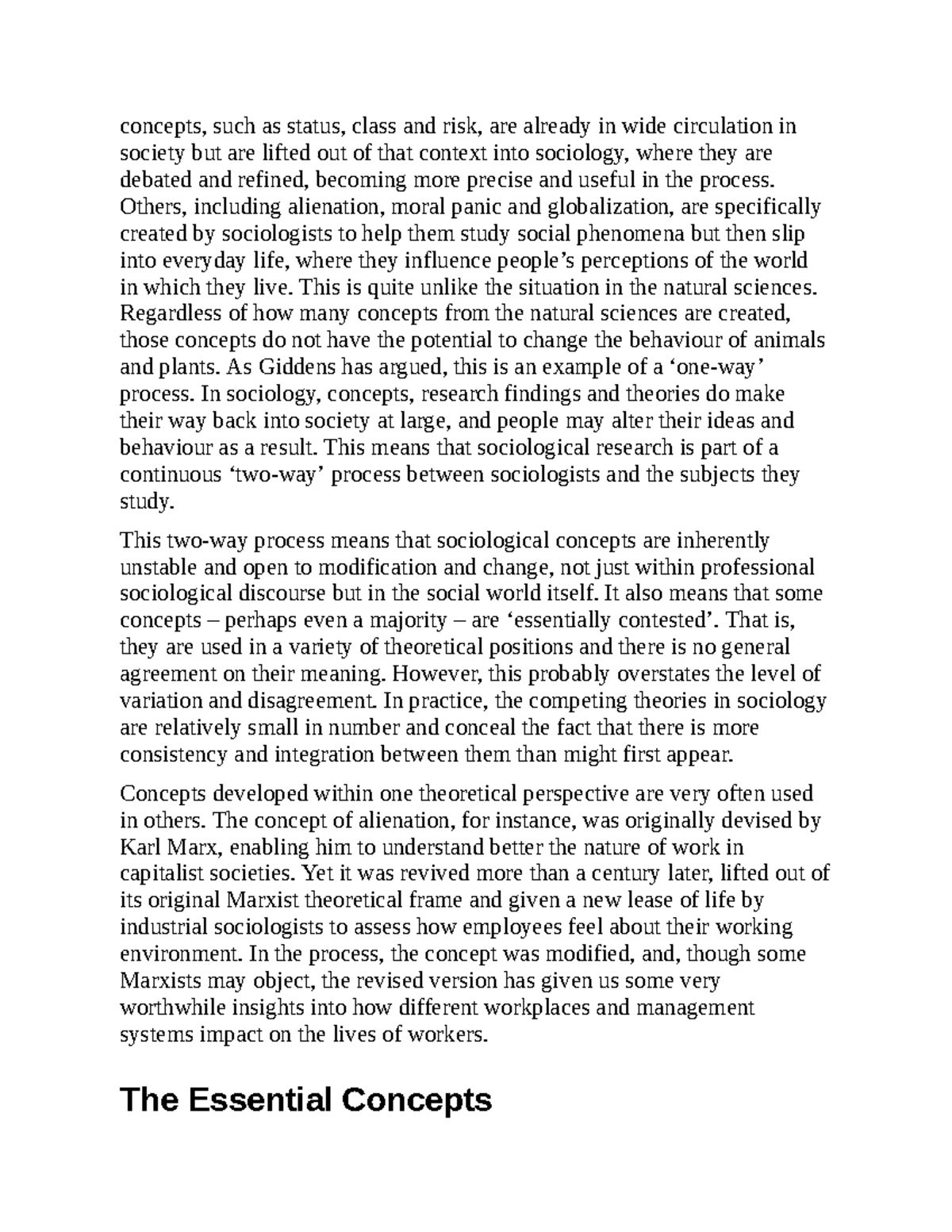 Essential Concepts in Sociology Chapter 1 - concepts, such as status, class and risk, are ...