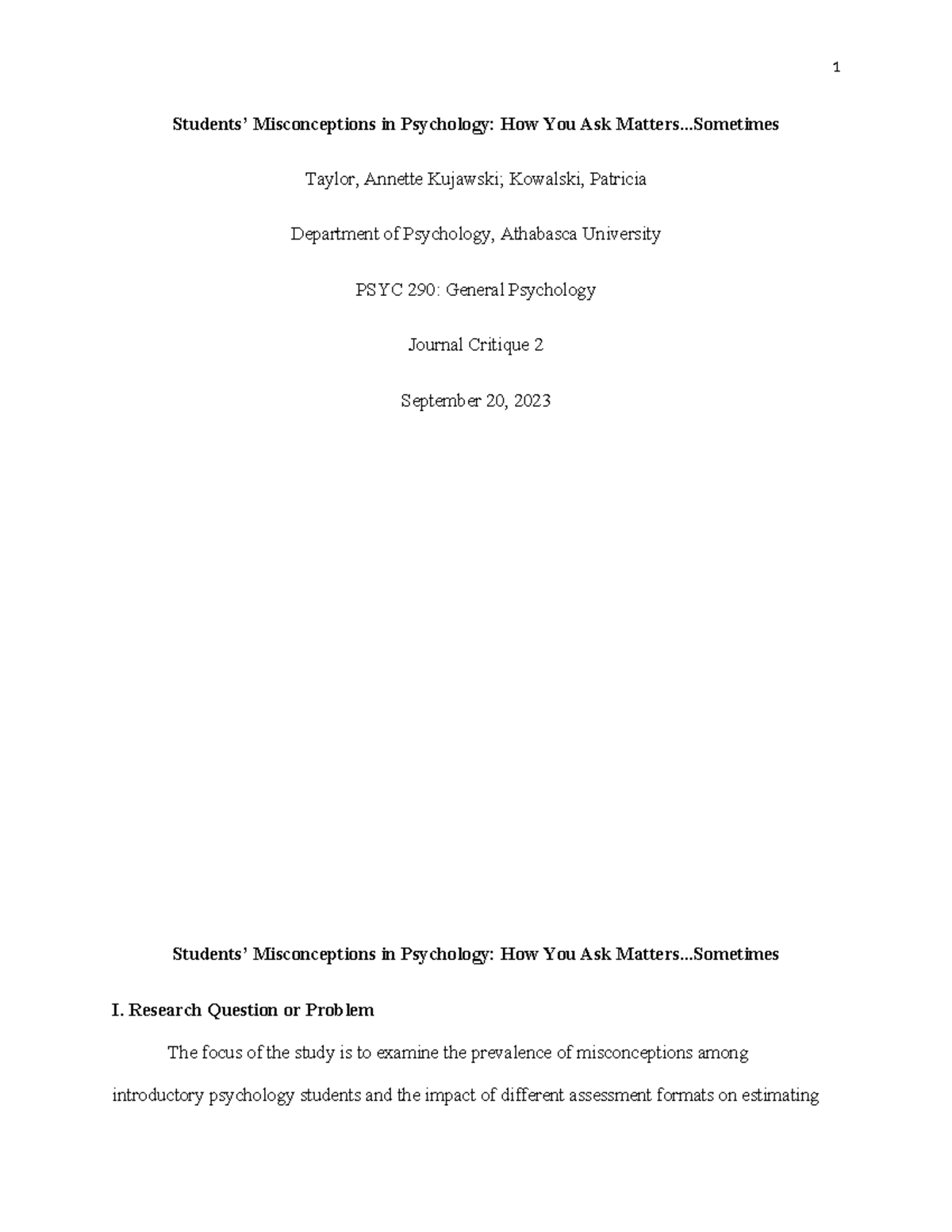 Psy 290 2 - Students’ Misconceptions in Psychology: How You Ask Matters.. Taylor, Annette ...