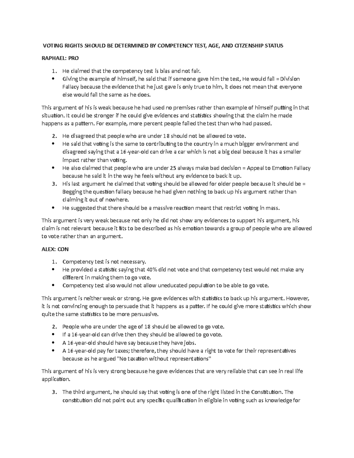 Debate Analysis 5 - VOTING RIGHTS SHOULD BE DETERMINED BY COMPETENCY ...