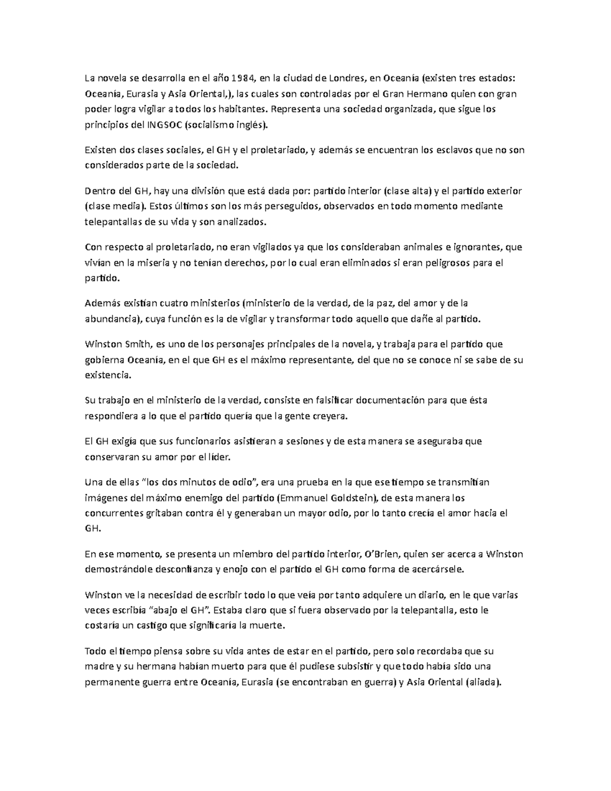 Resumen libro 1984 - La novela se desarrolla en el año 1984, en la ...