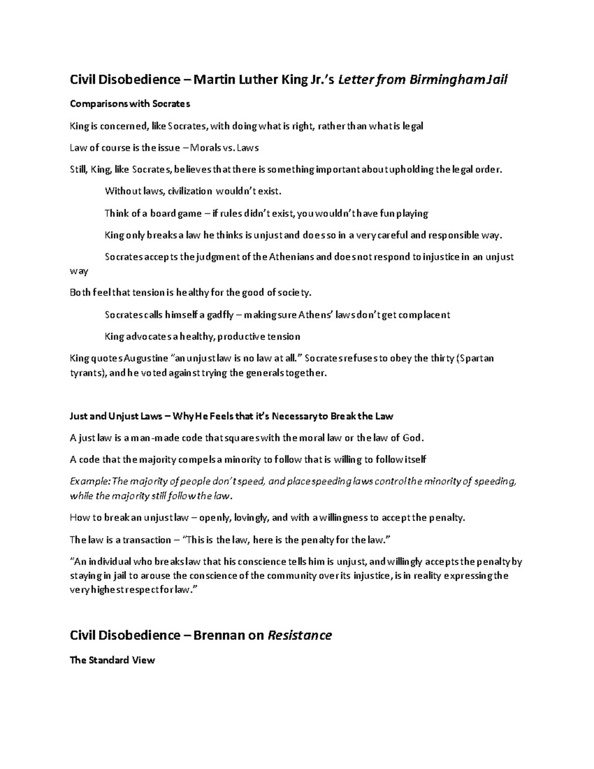 PHIL 205 - "Letter from Birmingham Jail" by MLK and Brennan's ...