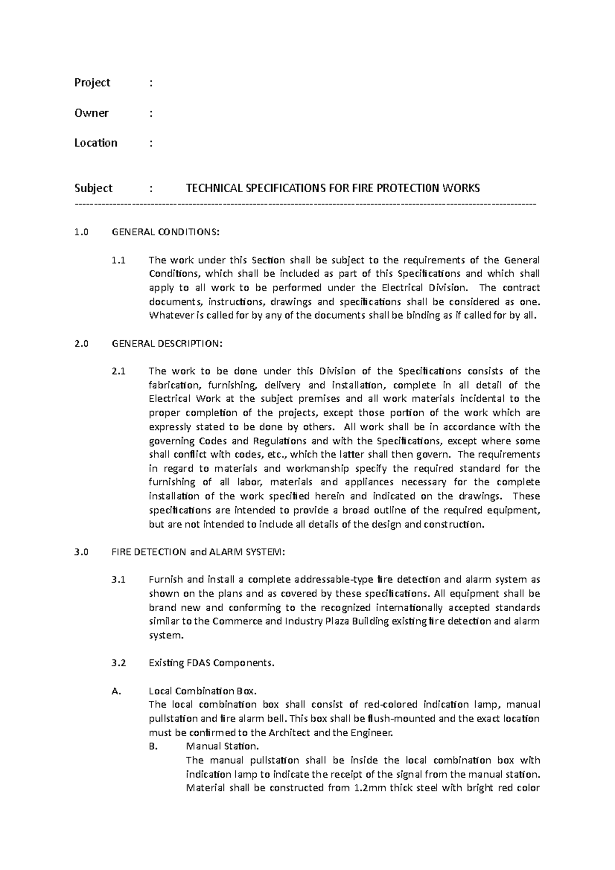 Specs FOR FDAS - GENERAL SPECIFICATION - Project : Owner : Location ...