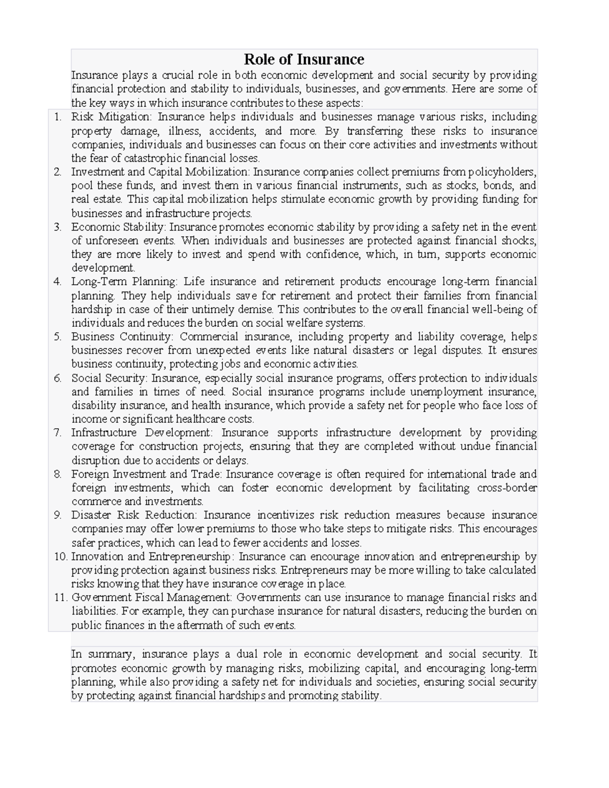 Role fo insurance in eco - Role of Insurance Insurance plays a crucial ...