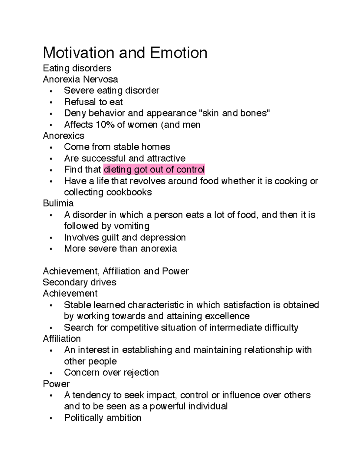 Psych 7 - Chapter 7 - Motivation and Emotion Eating disorders Anorexia ...
