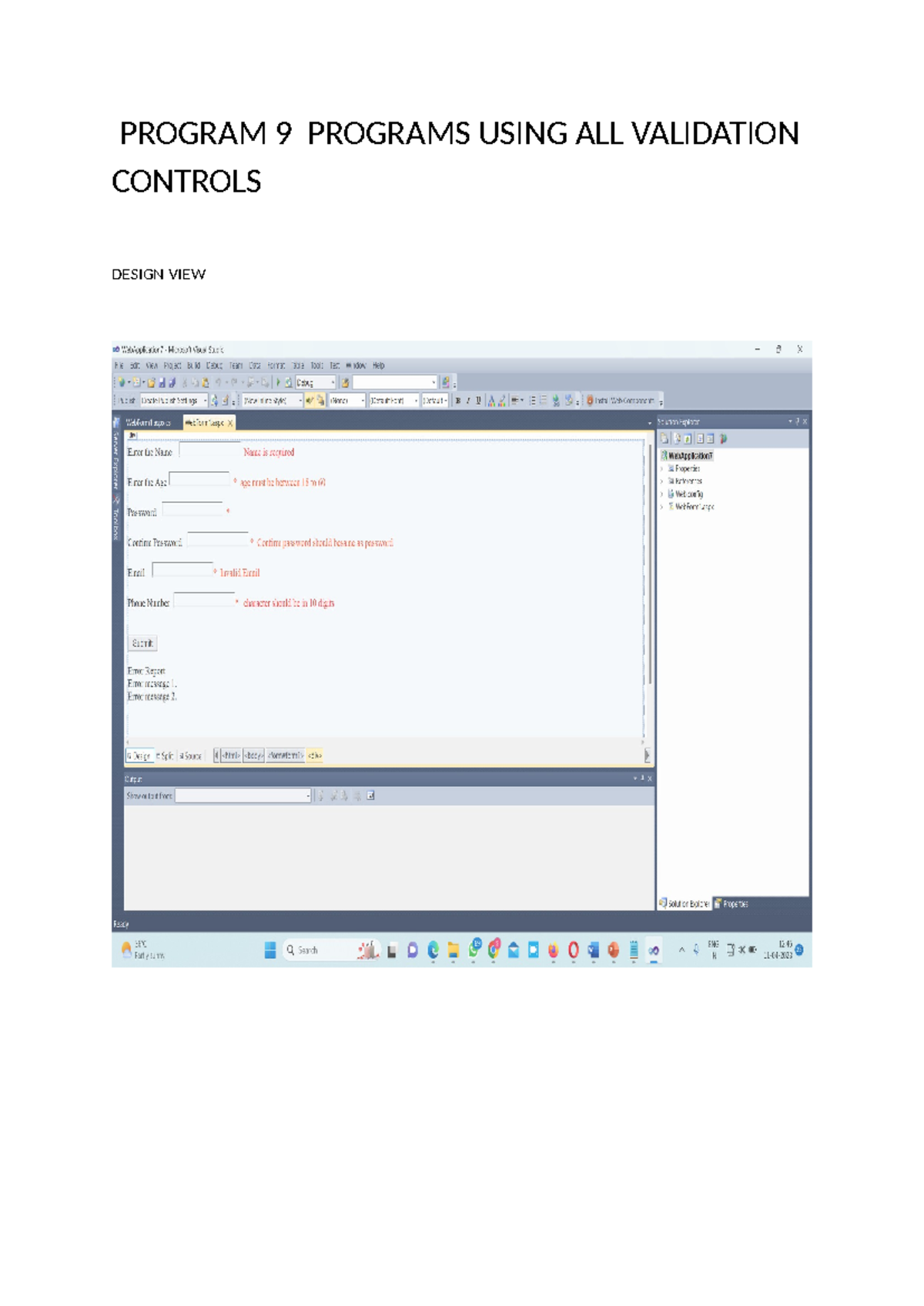 ASP.NET. DOC - Bbhhbbb - PROGRAM 9 PROGRAMS USING ALL VALIDATION CONTROLS DESIGN VIEW Source ...