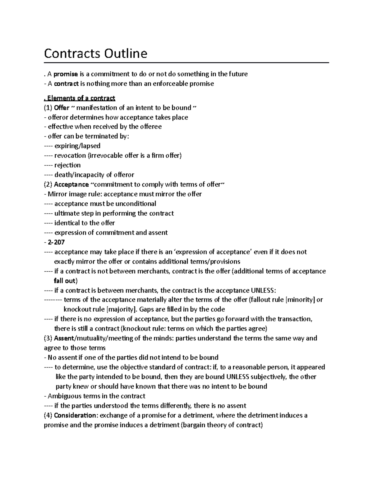 Contracts Outline - A promise is a commitment to do or not do something ...