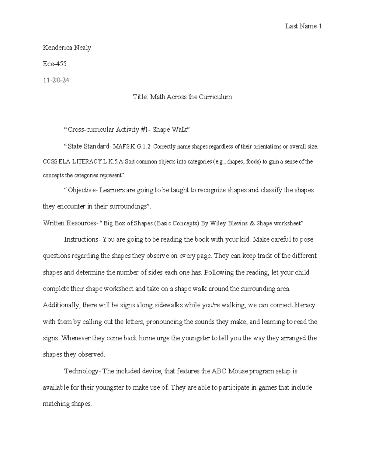 Math Across the Curriculum - Kenderica Nealy Ece- 11-28- Title: Math ...