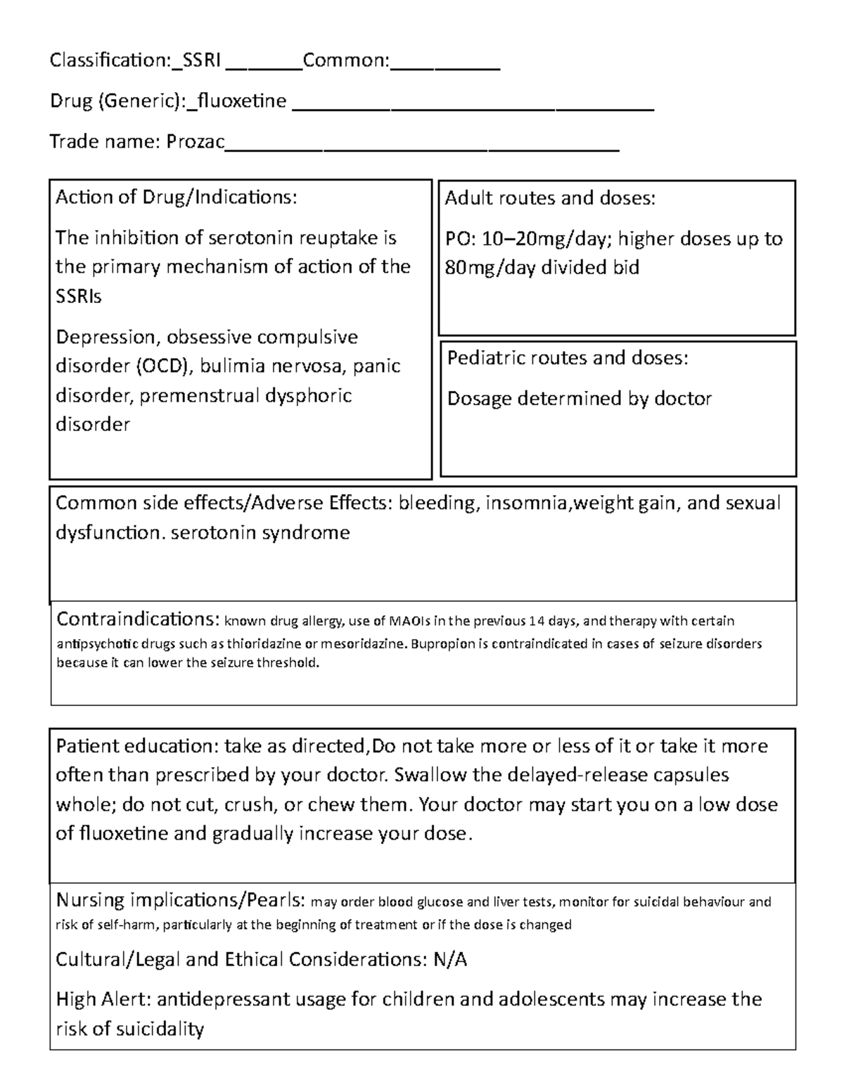 SSRI - med card - Classifica(on:SSRI Common:__ Drug (Generic):fluoxe(ne ...