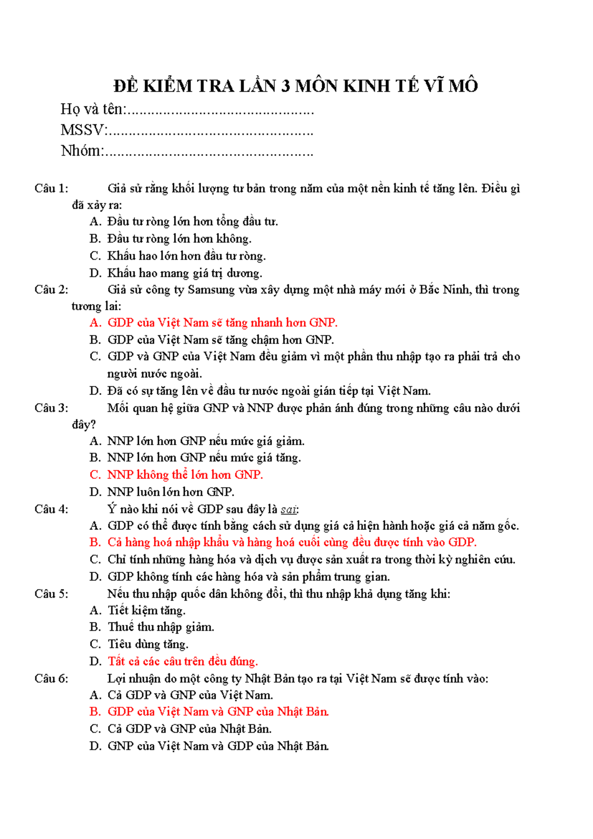 Đề Kiểm Tra KTVM - Chính thức - Câu 1: Giả sử rằng khối lượng tư bản trong năm của một nền - Studocu