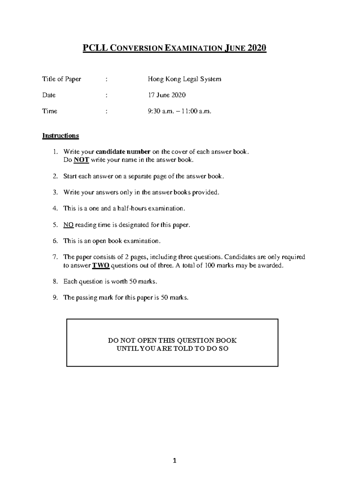 Hong Kong legal system pcll conversion - 1 PCLL CONVERSION EXAMINATION ...