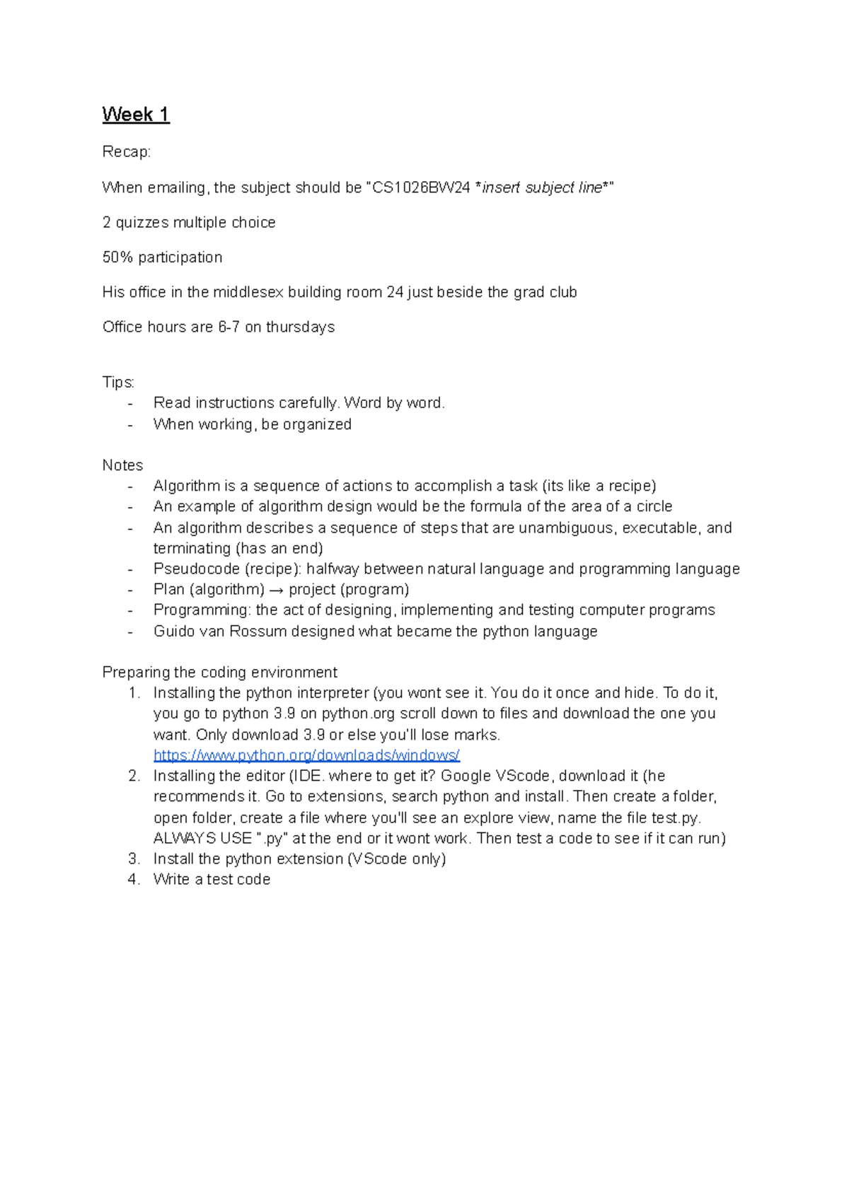 Week 1 Notes for Compsci 1026B - Algorithm & Setup - Week 1 Recap: When ...