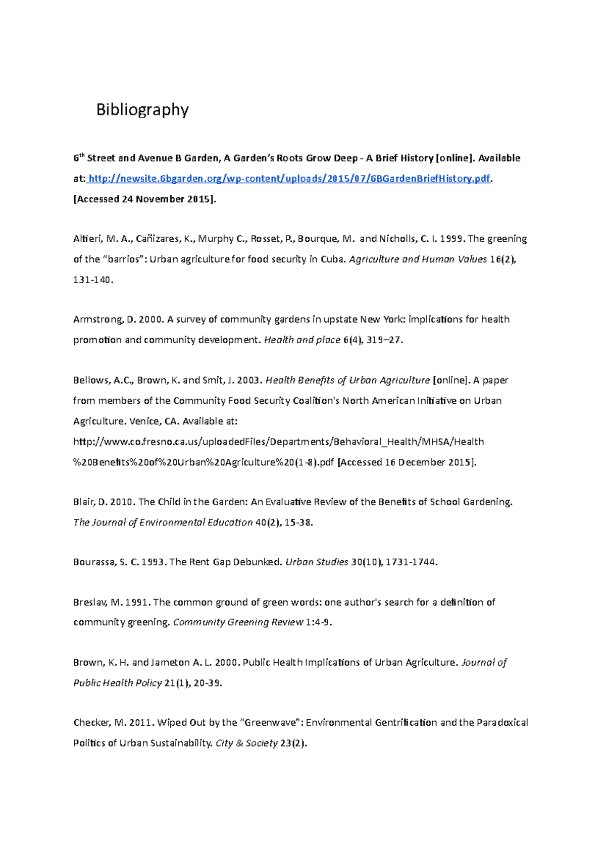 Sample topics for projects - Bibliography 6th Street and Avenue B ...