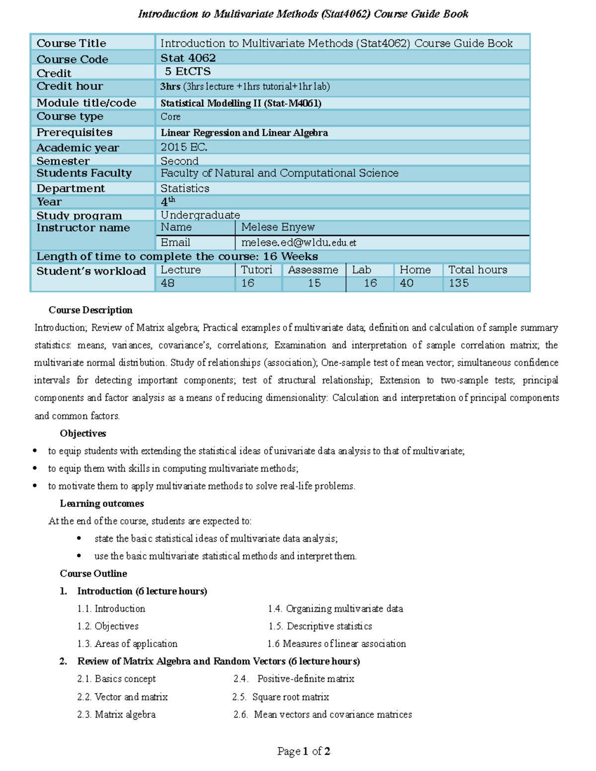 Introduction to Multivariate Analysis (Stat 4062) - Introduction to Multivariate Methods ...