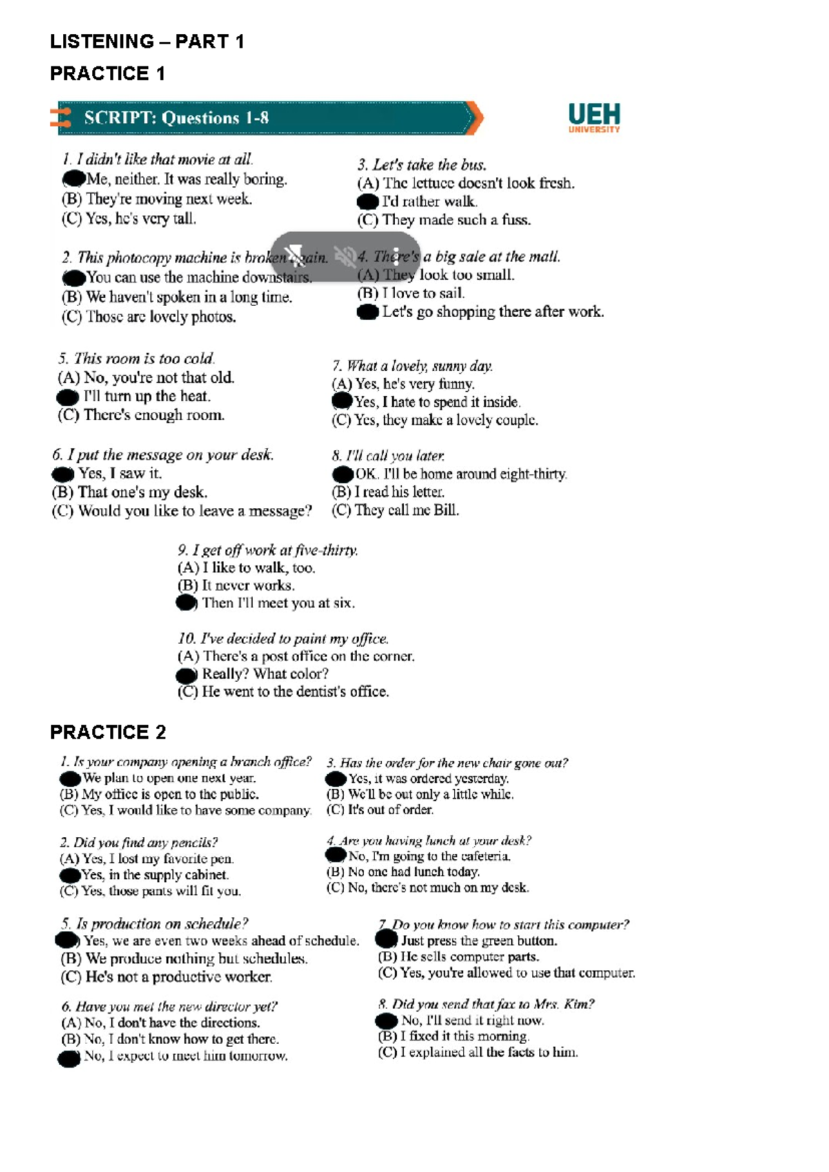 Listening part 1 practice 1-2 - LISTENING PART 1 PRACTICE 1 SCRIPT: Questions UEH UNIVERSITY 1 ...