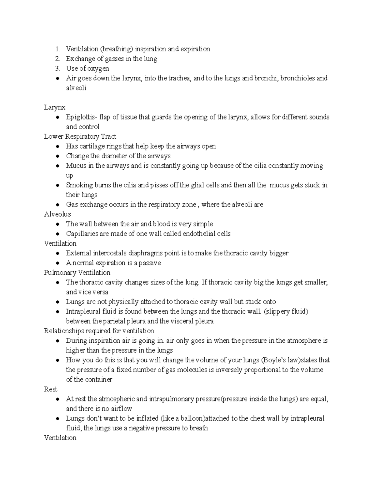 Respiration Lecture Notes - Ventilation (breathing) inspiration and ...