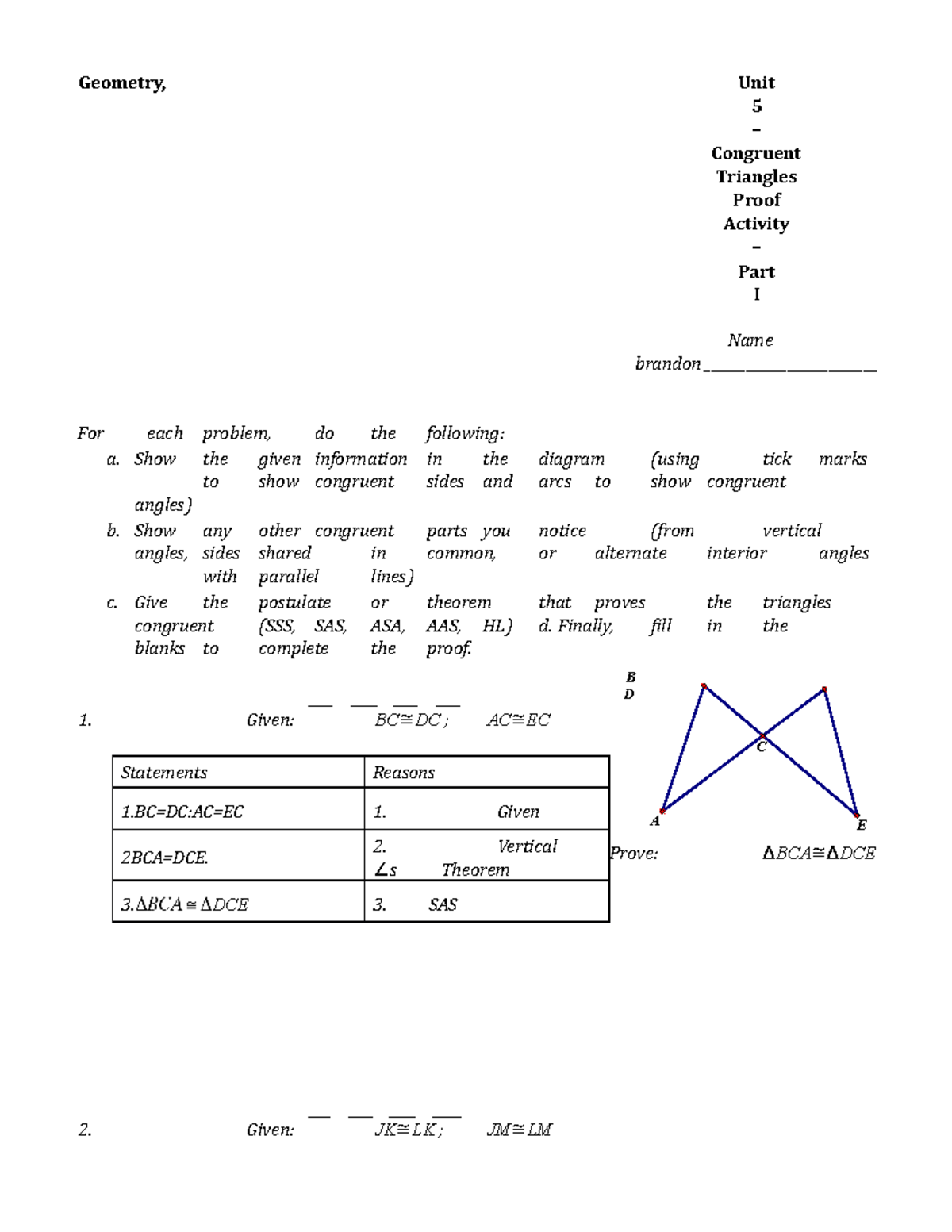 Congruent Triangles Proof Worksheet - Geometry, Unit 5 - Congruent ...