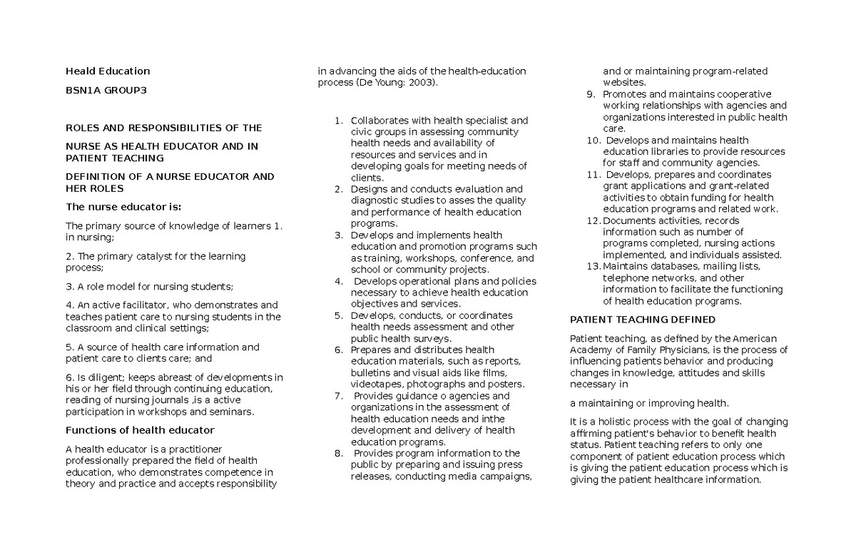 Health Ed-group 23 - notes - Heald Education BSN1A GROUP ROLES AND ...