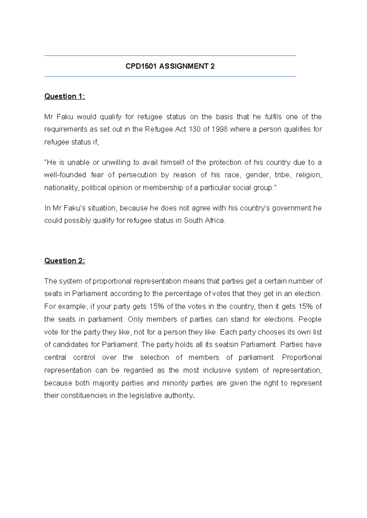 CPD1501 Assignment 2 - CPD1501 ASSIGNMENT 2 Question 1: Mr Faku would ...