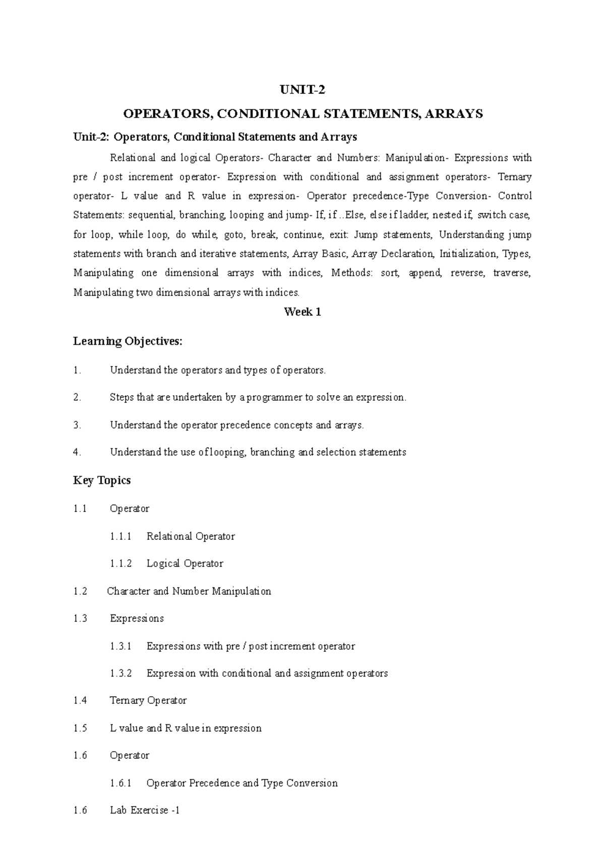 Week 1 self learning materials - UNIT- OPERATORS, CONDITIONAL STATEMENTS, ARRAYS Unit-2 ...
