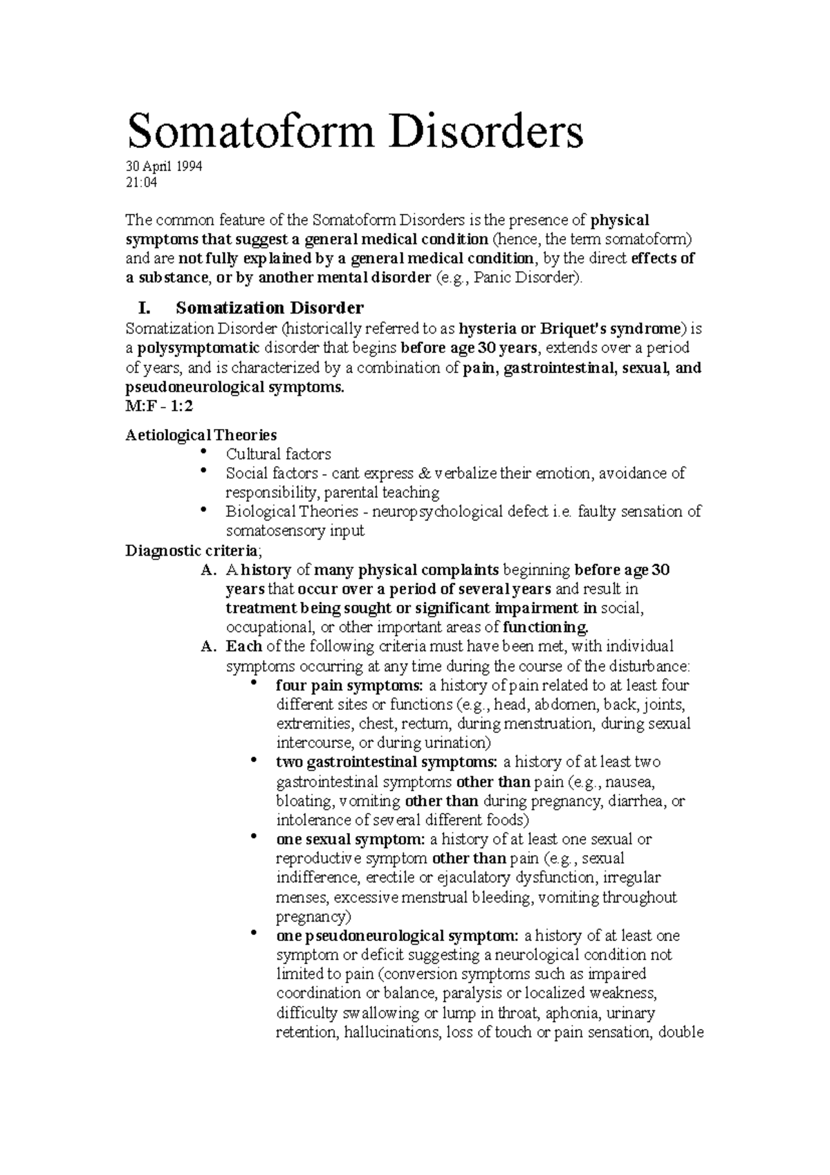 somatoform disorders in psychiary - Somatoform Disorders 30 April 1994 ...