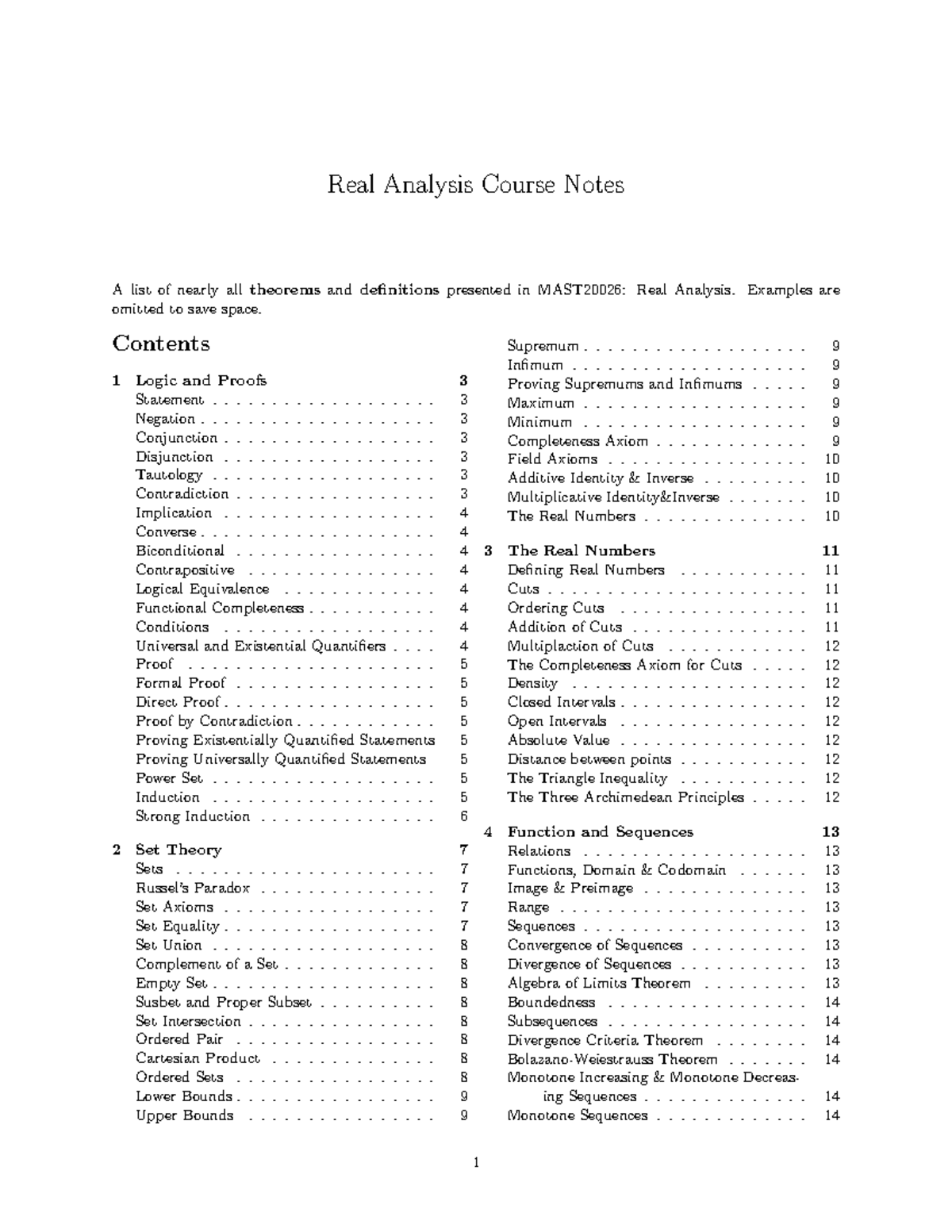 Real Analysis Final Course Notes (Theorems and Definitions) - Real ...