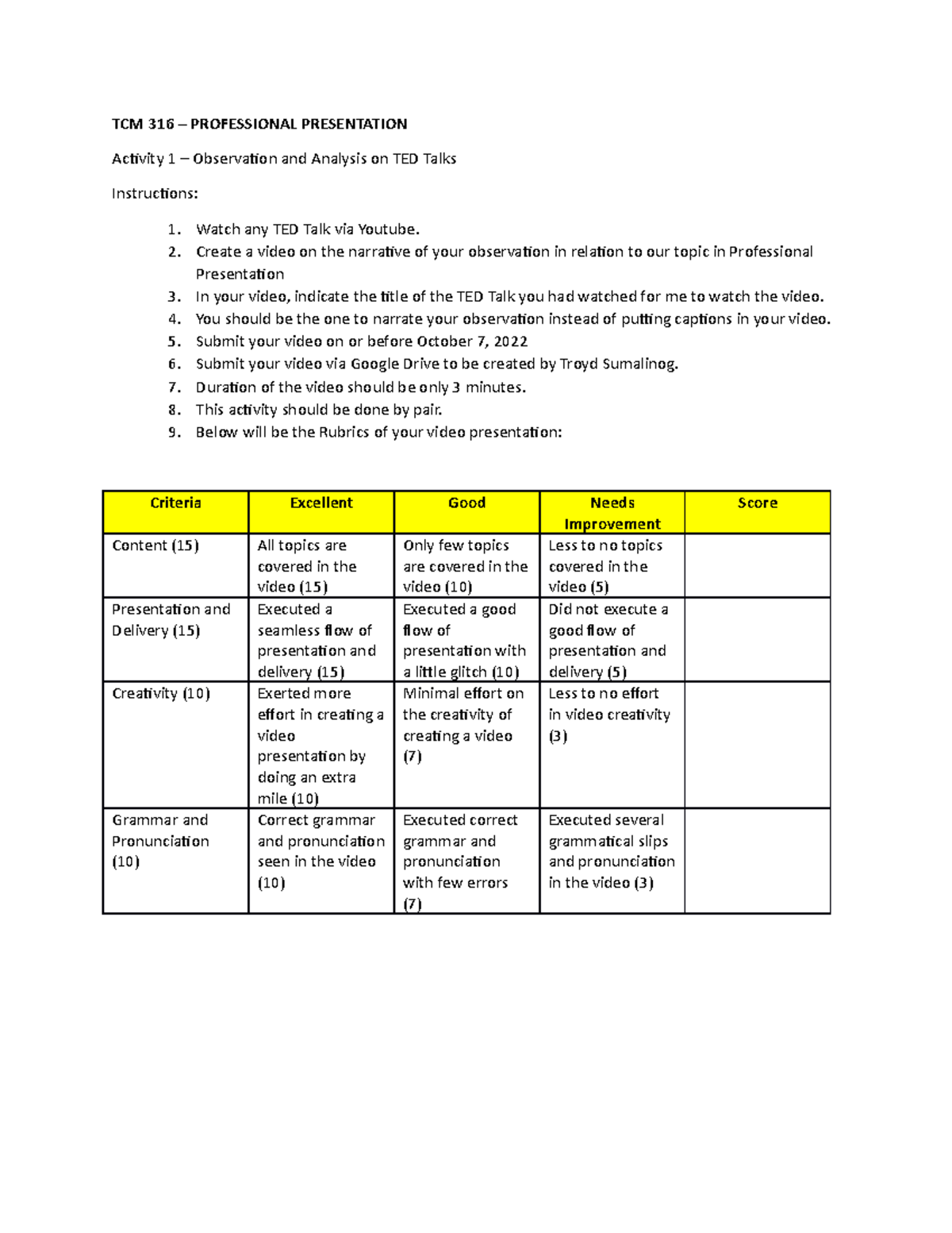 Activity 1 - TED Talks Observation - TCM 316 – PROFESSIONAL ...