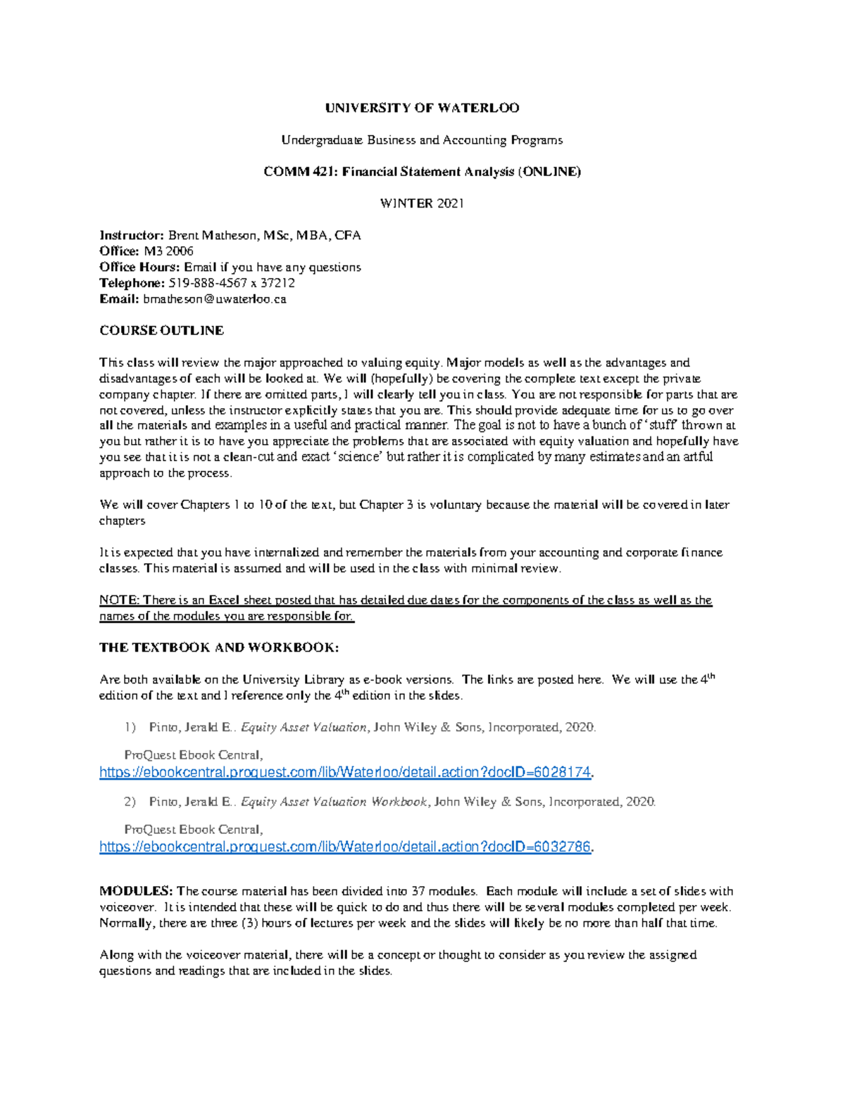 COMM421 Sylabus Winter 2021 - UNIVERSITY OF WATERLOO Undergraduate ...