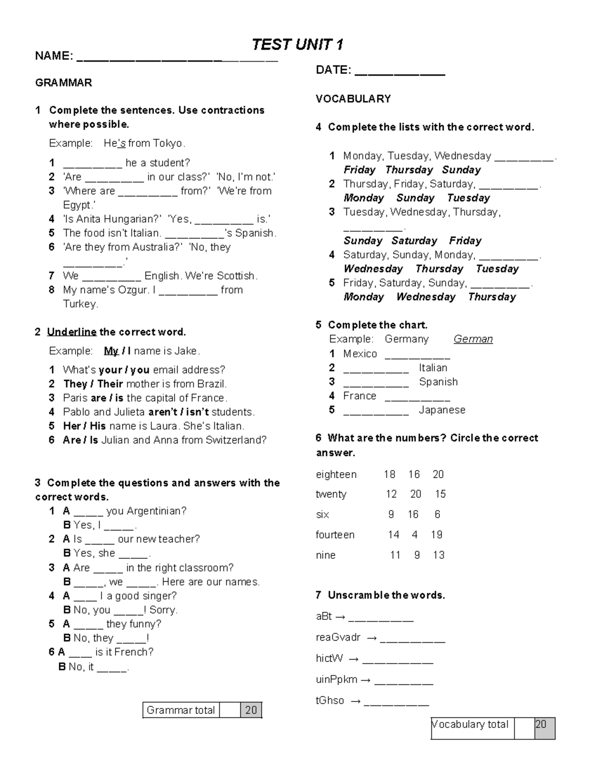 Test unit 1 - ENGLISH TEST - NAME ...