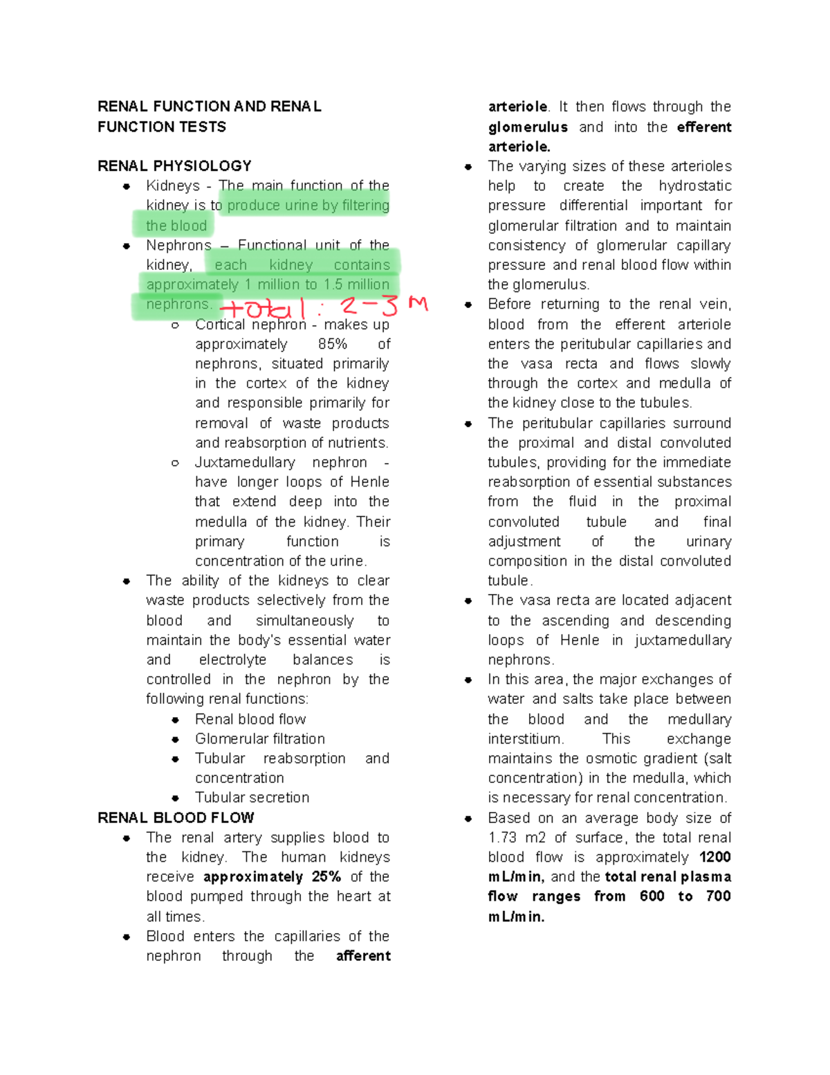 Lesson 2 - Reviewer - NOTES FOR ALL - RENAL FUNCTION AND RENAL FUNCTION ...
