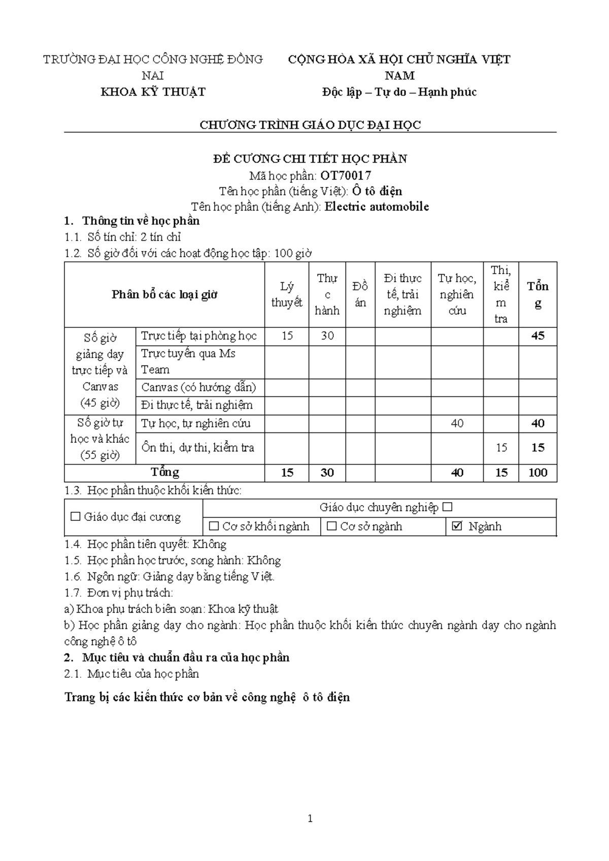 2. ô tô điện - xcxcxc - TRƯỜNG ĐẠI HỌC CÔNG NGHỆ ĐỒNG NAI KHOA KỸ THUẬT ...
