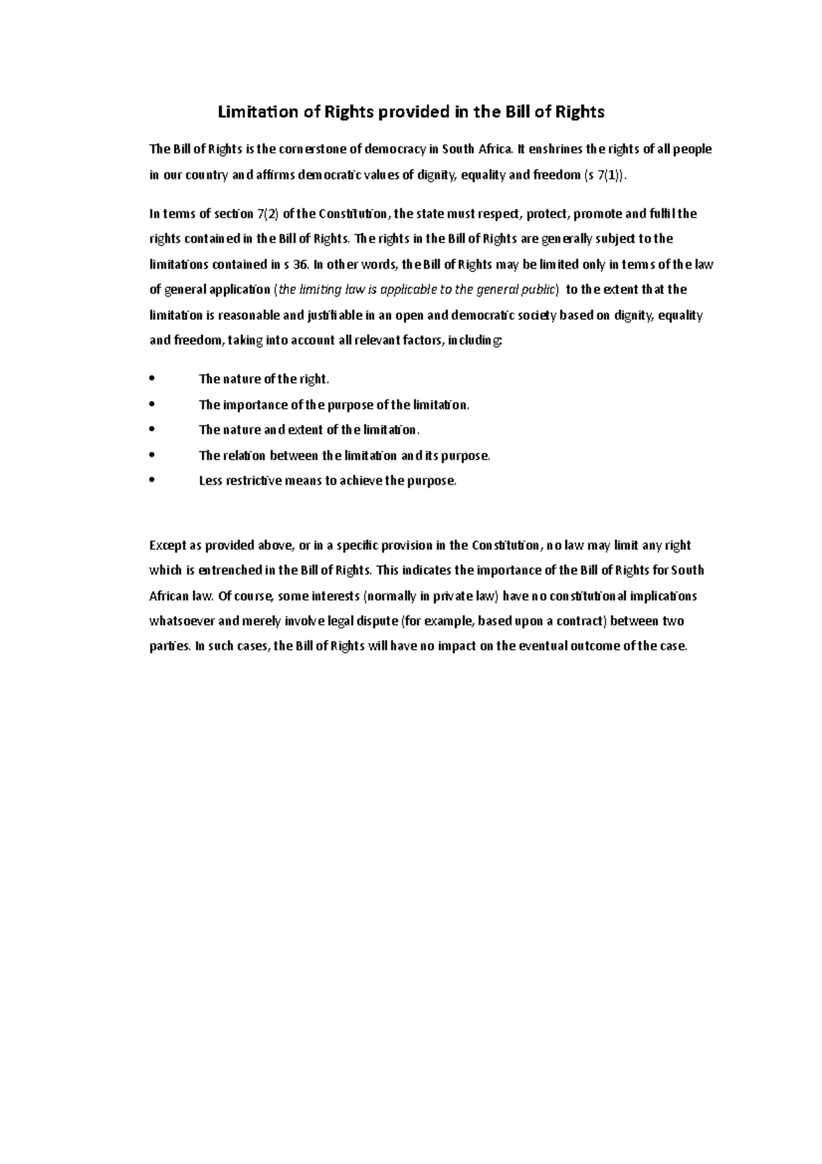 Limitation of Rights in the Bill of Rights - Limitation of Rights ...