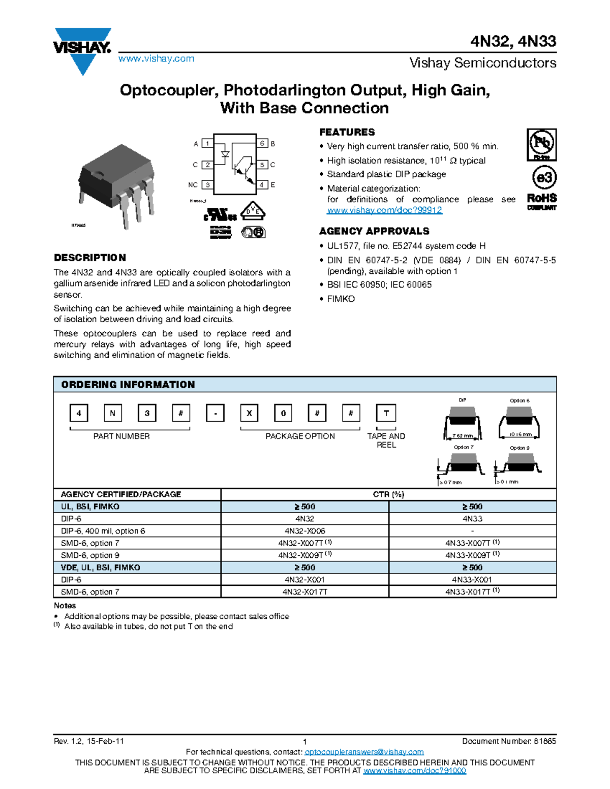 4n33 - optoeletrônico - vishay Vishay Semiconductors Rev. 1, 15-Feb-11 ...