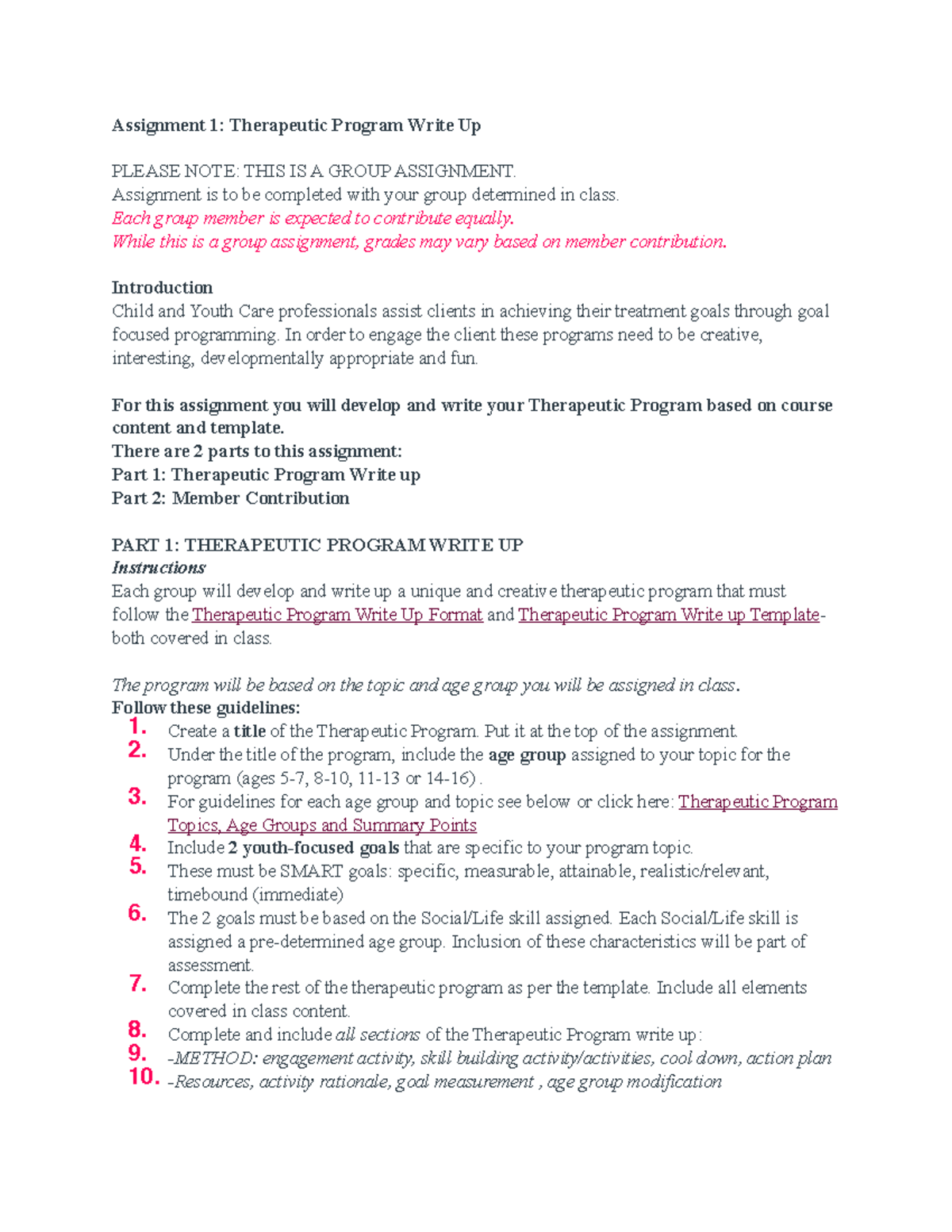 Assignment 1: Therapeutic Program Write Up - Assignment is to be ...